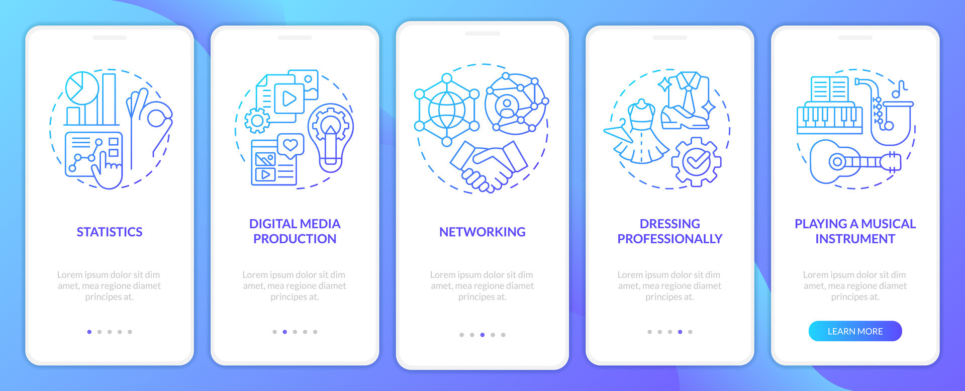 Professional Skills Blue Gradient Onboarding Mobile App Screen Career Walkthrough 5 Steps