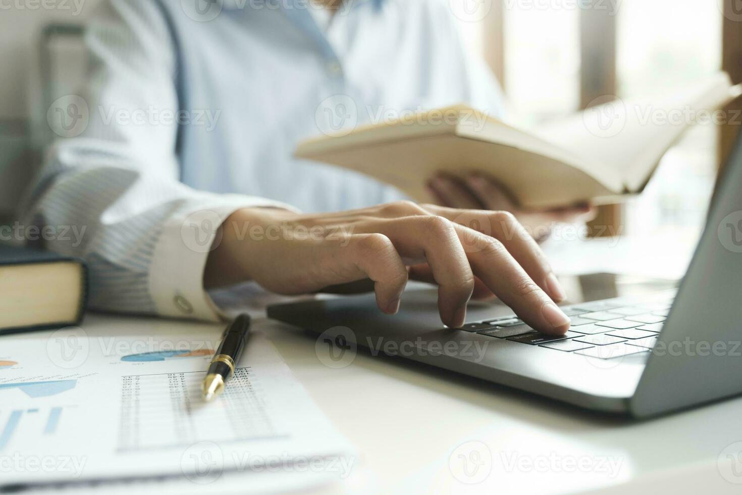 Close up female hands using computer laptop for online working ...
