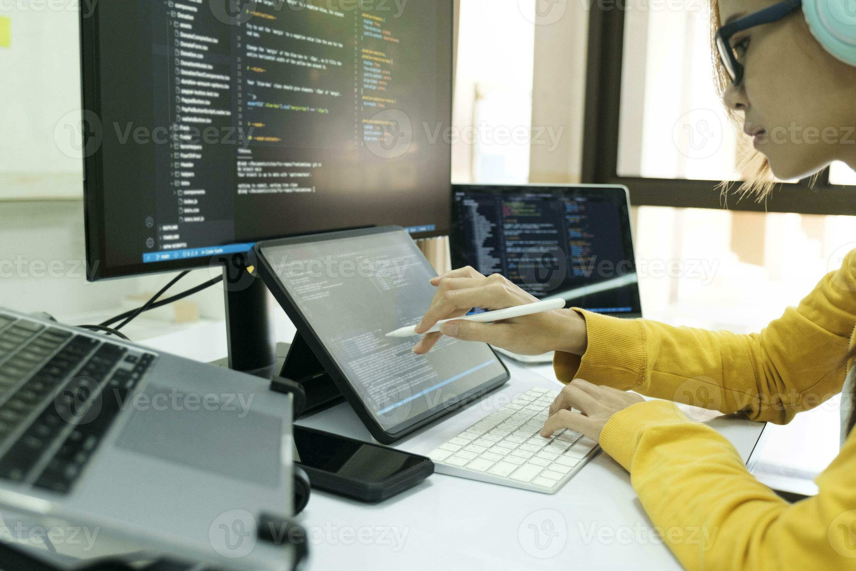 Programmer is coding and programming software. 24772480 Stock Photo at Vecteezy