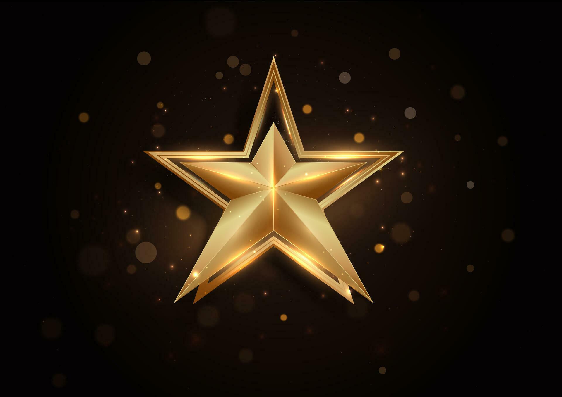 3D golden star with golden on dark brown background with lighting effect and sparkle. Luxury ...