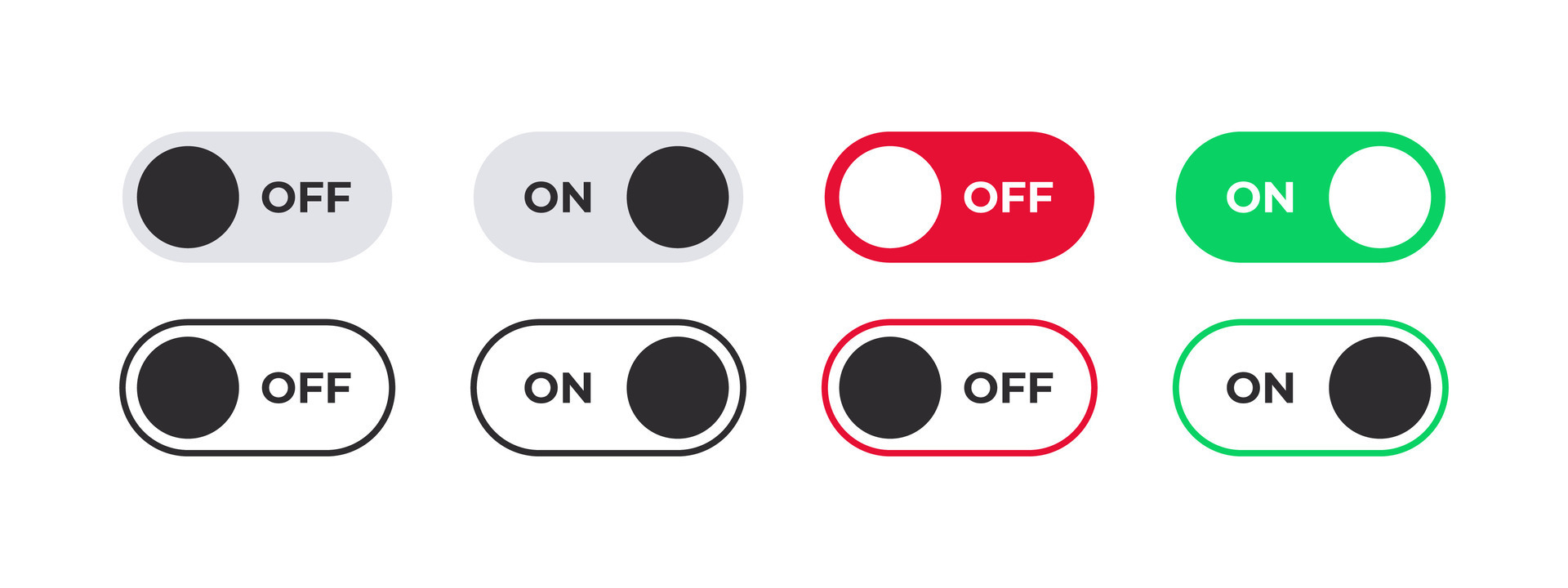 On and Off badges. On Off switcher icons. Vector scalable graphics ...