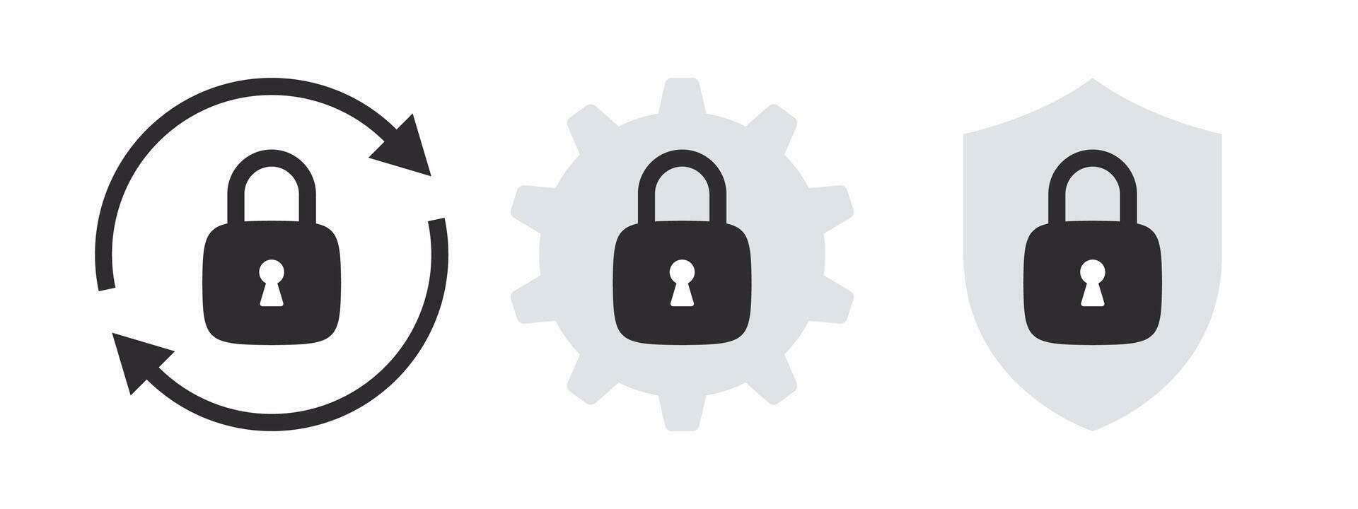 Gear and shield with lock. Padlocks icons. Security symbol icons ... Gear and shield with lock. Padlocks icons. Security symbol icons ...