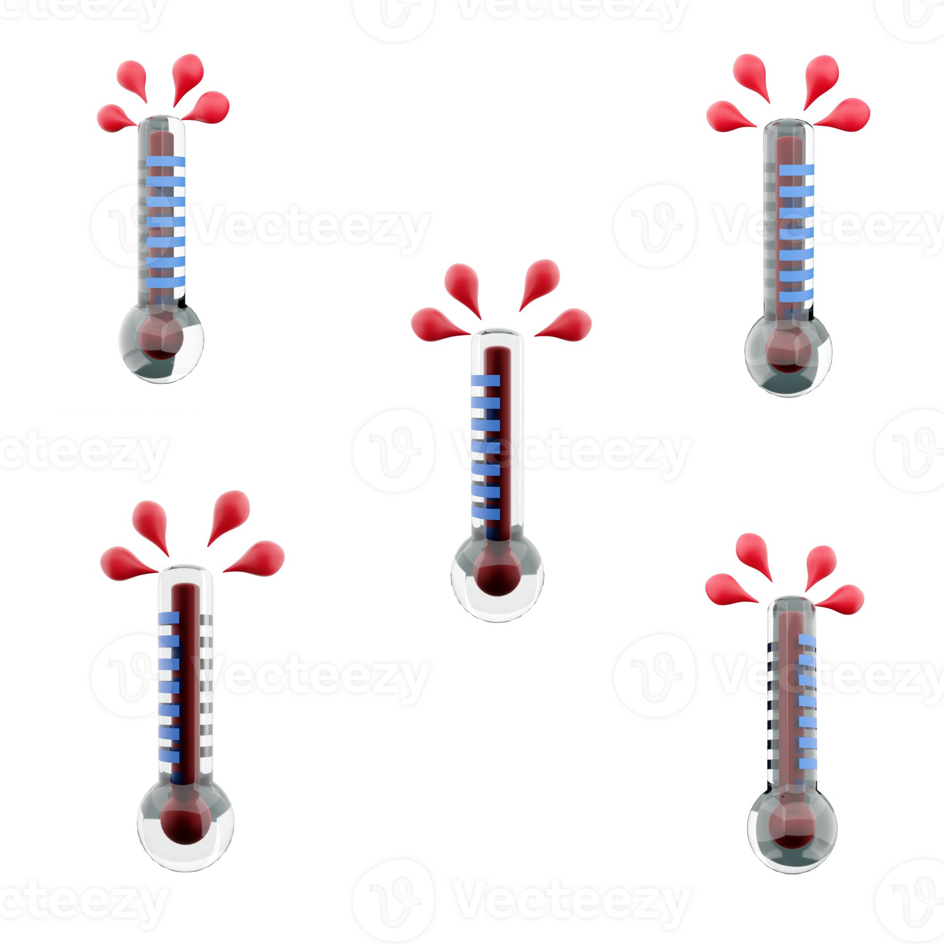 3d rendering Danger High Temperature thermometer on fire icon set. 3d render Hot weather ...