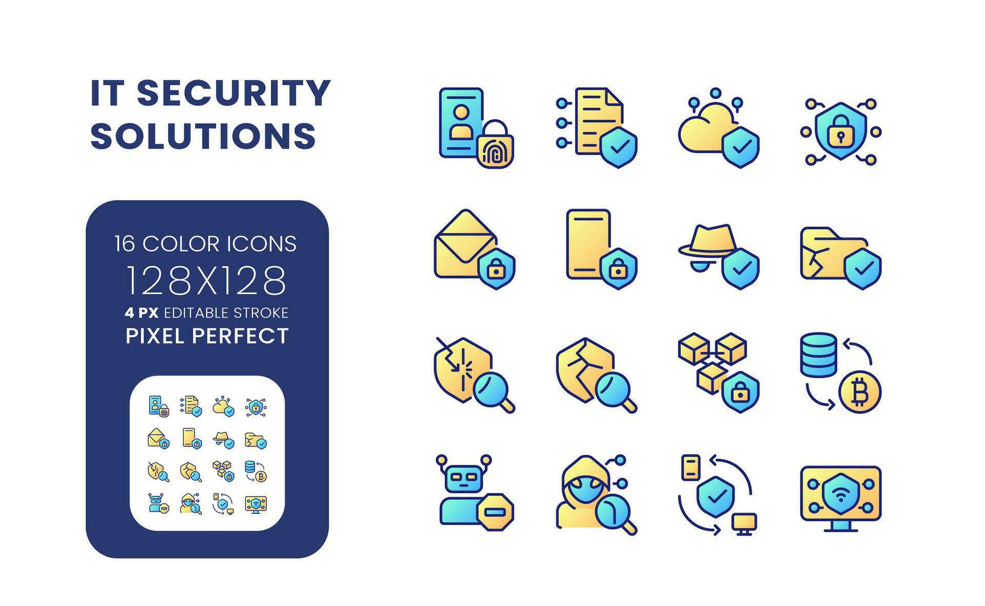 IT security solutions gradient fill desktop icons. Information privacy. Data protection. Pixel ...