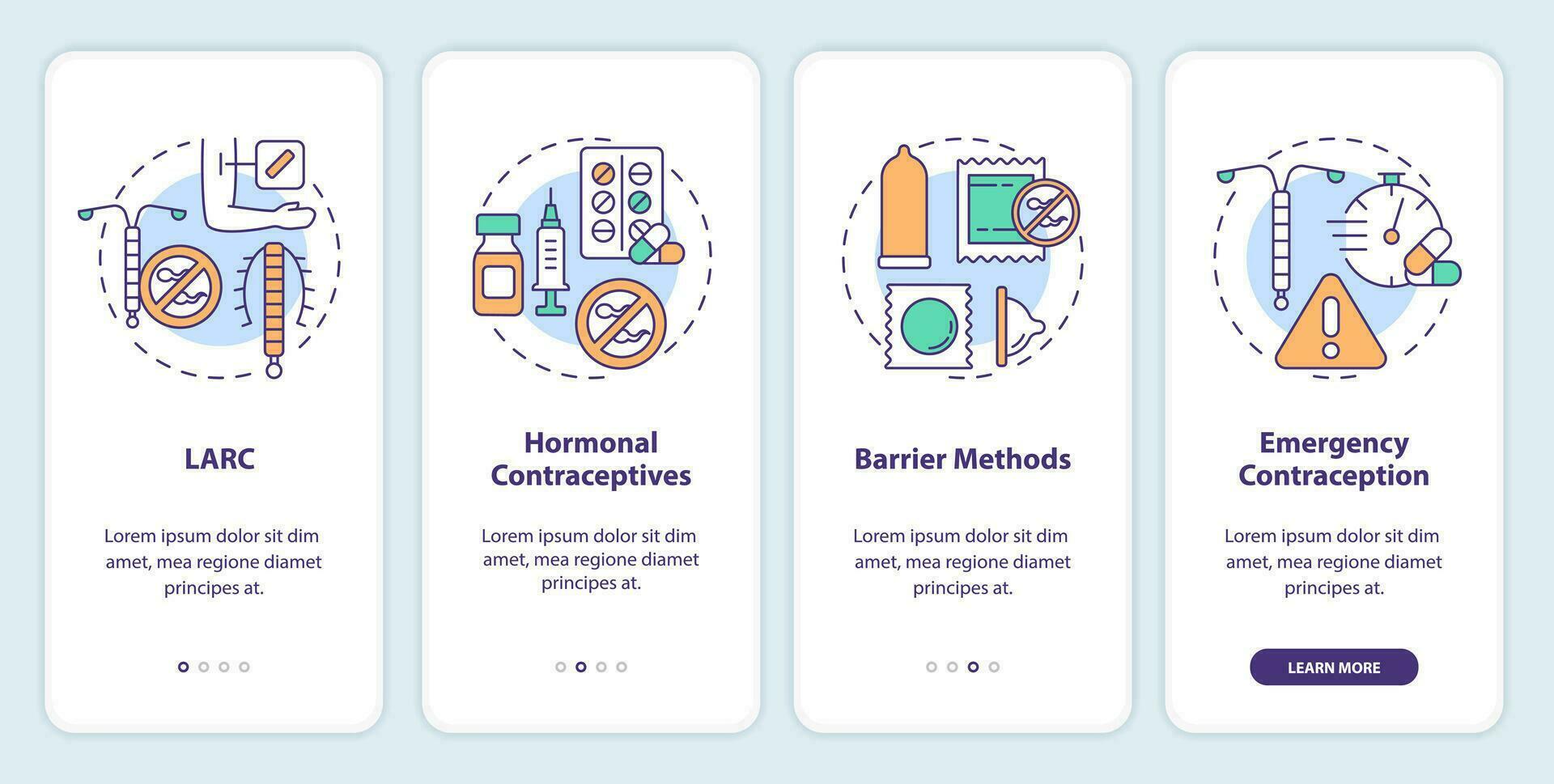 Contraception Methods Onboarding Mobile App Screen Womens Health Walkthrough 4 Steps Editable