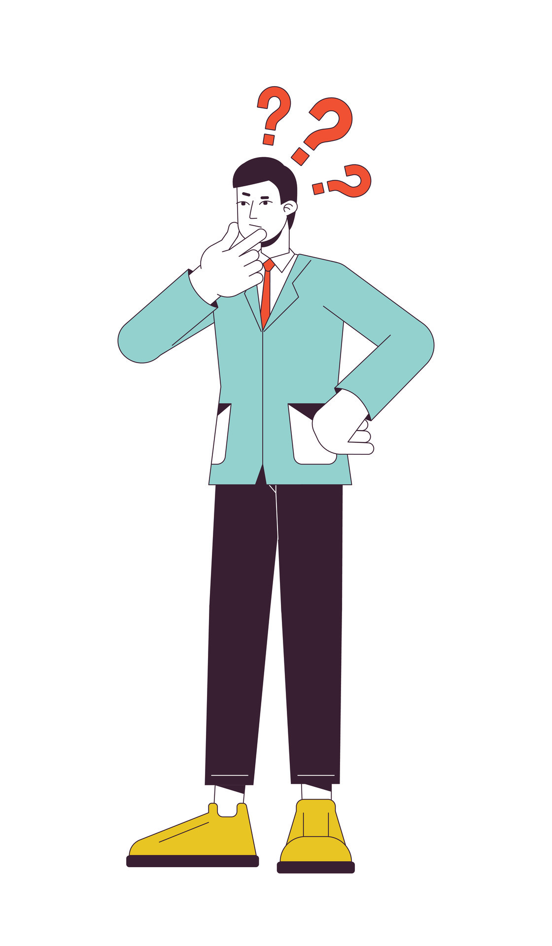 Brainstorming office worker flat line concept vector spot illustration. Thinking man question ...