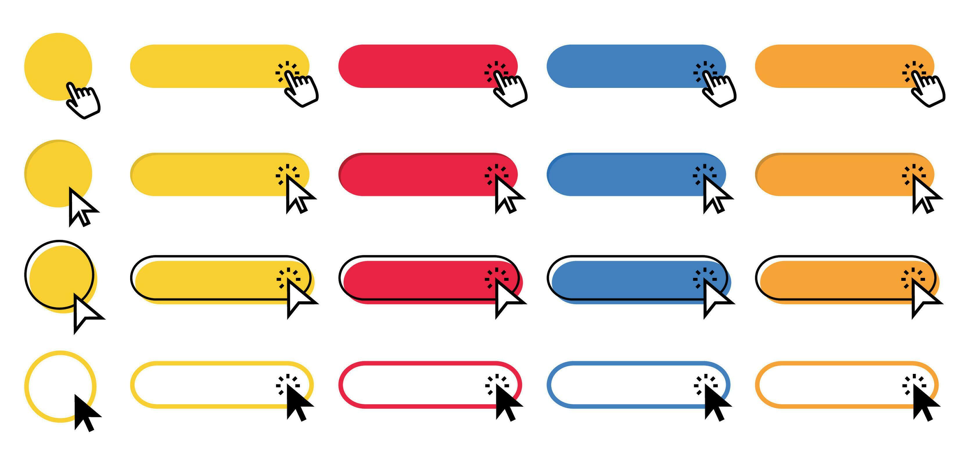 Click button. Cursor pointer clicking on buttons, pointing hand clicks and color web ui buttons ...