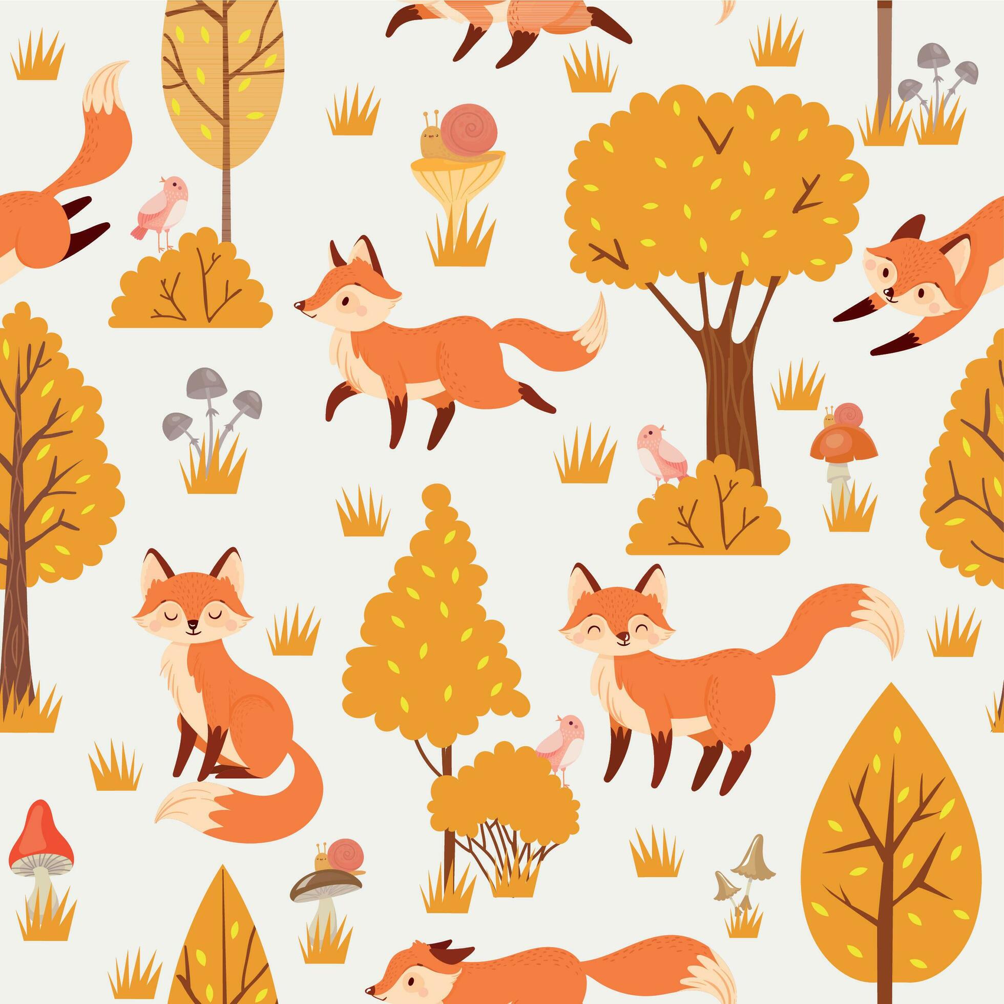 Seamless forest foxes pattern. Cute red fox among yellow trees, wild ...