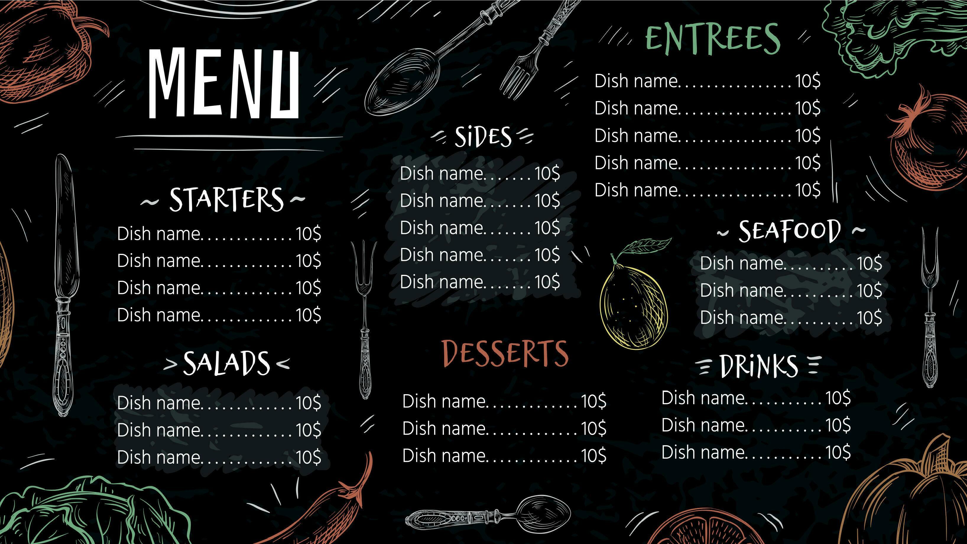 Vintage restaurant menu. Hand drawn food, cafe menus and kitchen poster ...