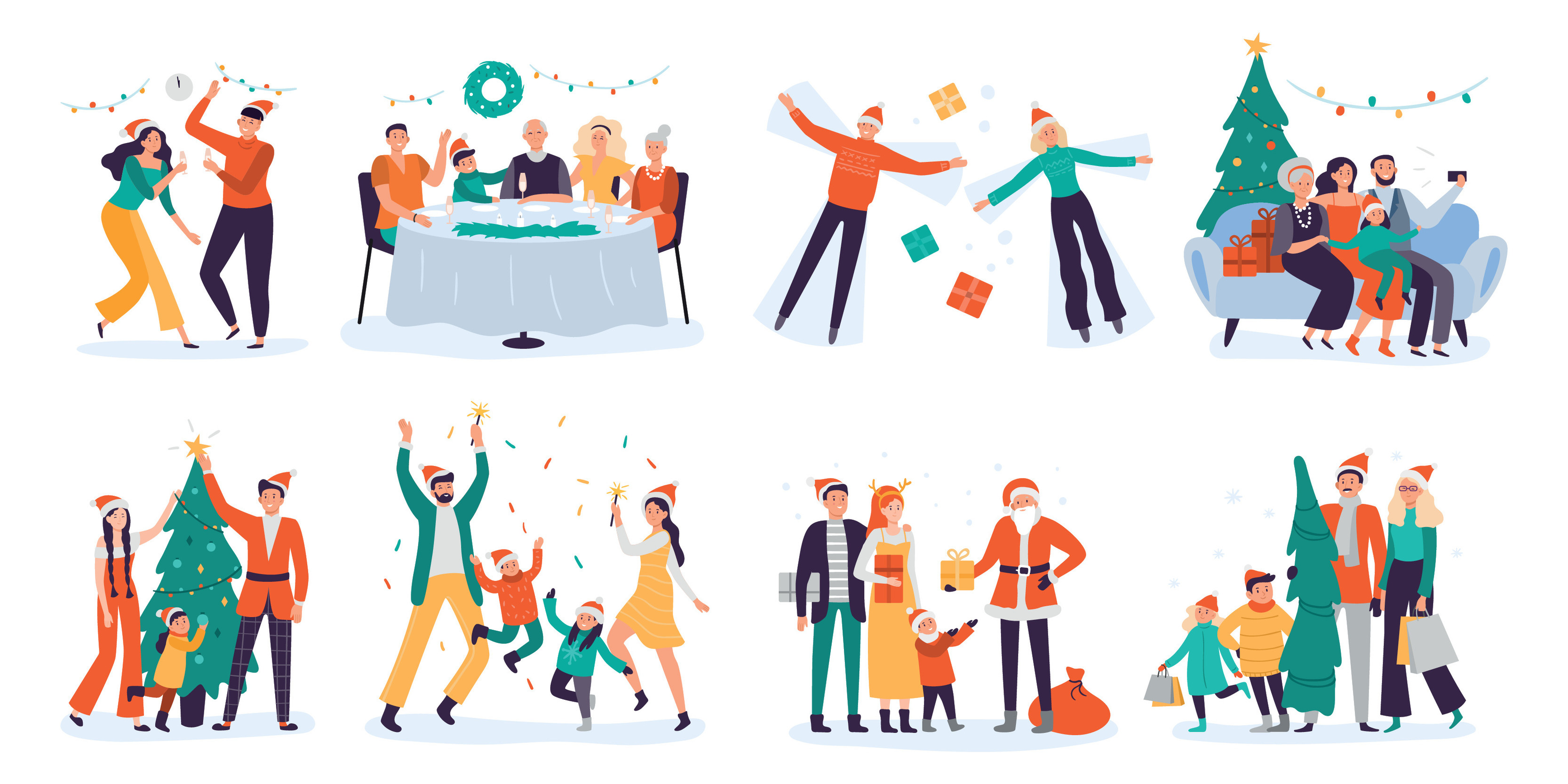 Christmas people. Winter family holidays, decorate xmas tree and home ...