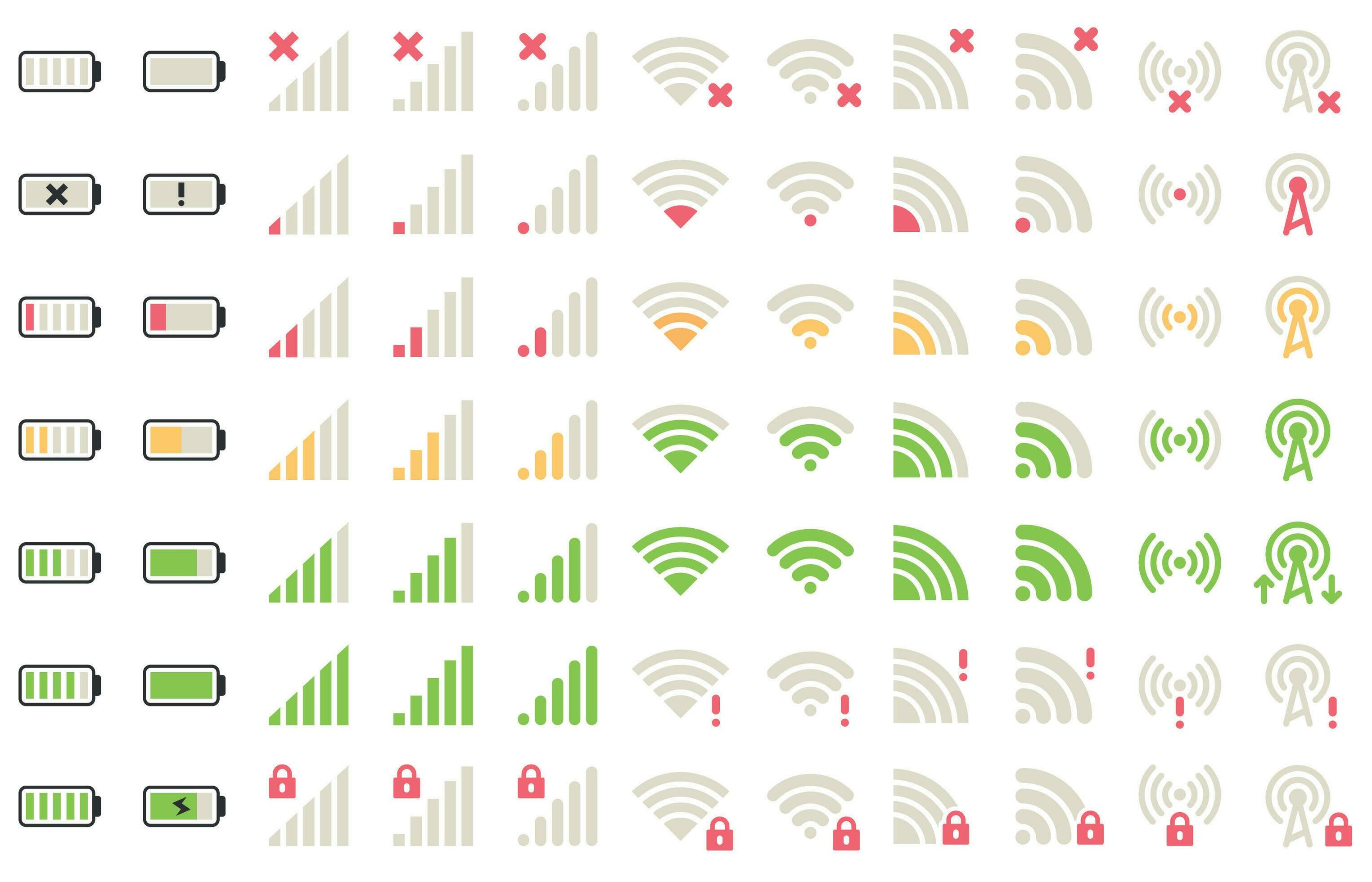 Mobile level icons. Network signal, wifi connection and battery levels icon. Gadgets batteries ...