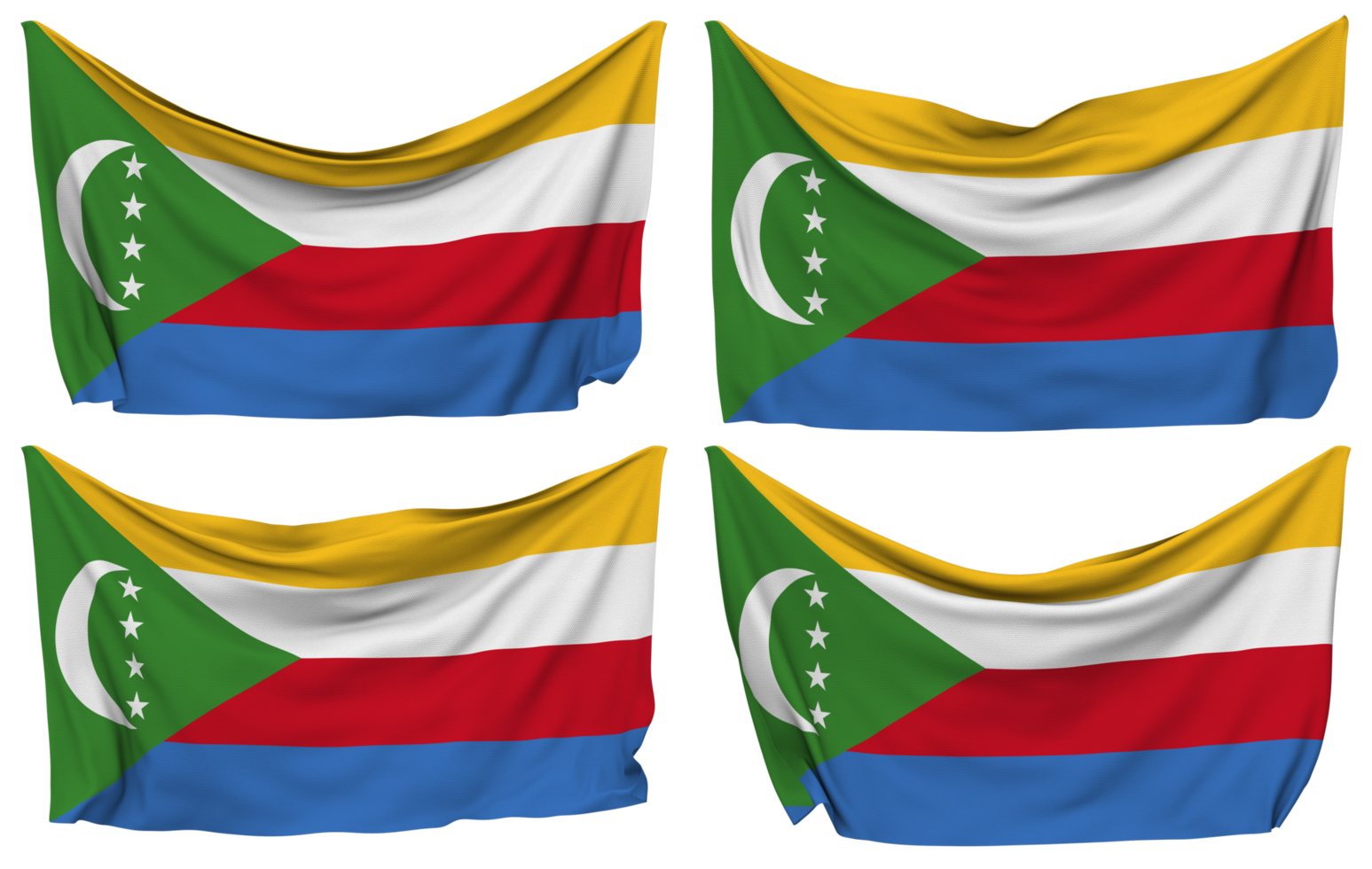 Comoros Pinned Flag From Corners Isolated With Different Waving