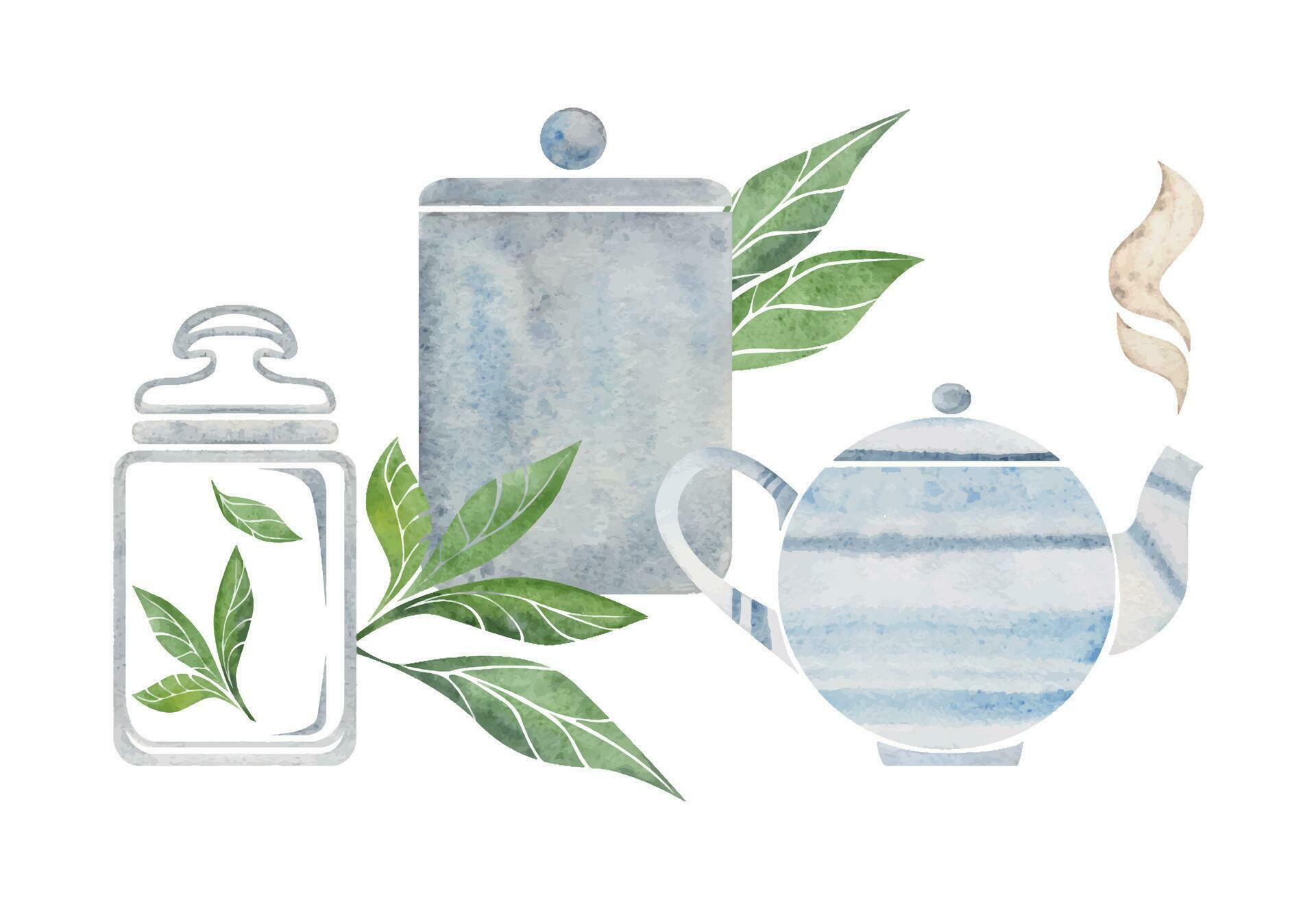 Watercolor hand drawn illustration. Porcelain tea pot cups paper bag ...
