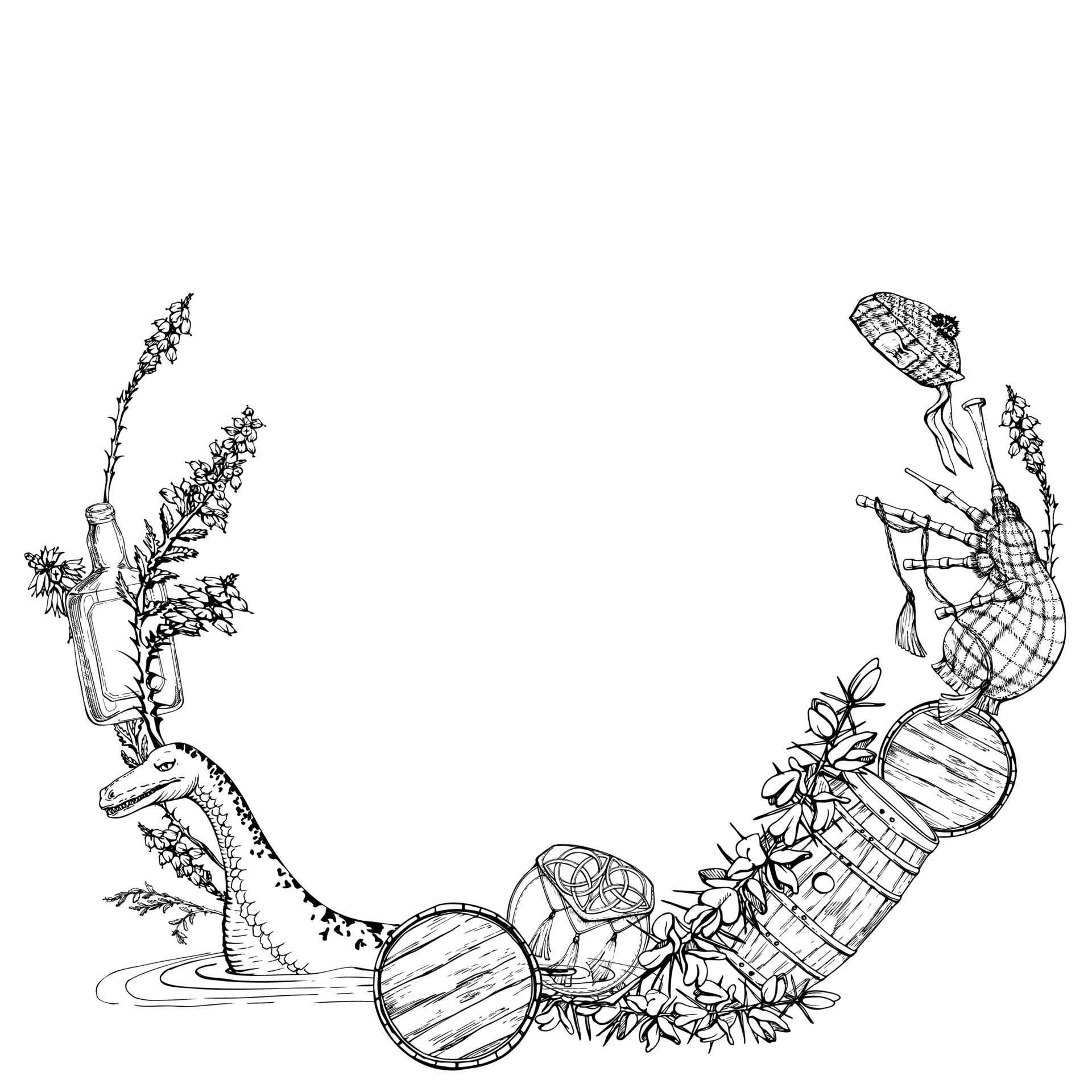 Ink Hand Drawn Vector Graphic Sketch Illustration Scotland Symbols Circle Wreath Whisky Tartan
