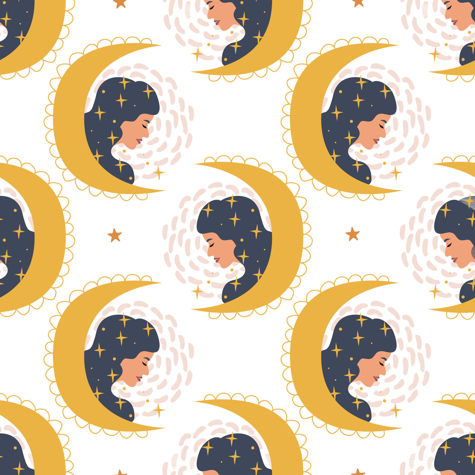 Mystical pattern. Girl and crescent. Seamless pattern. Vector ...