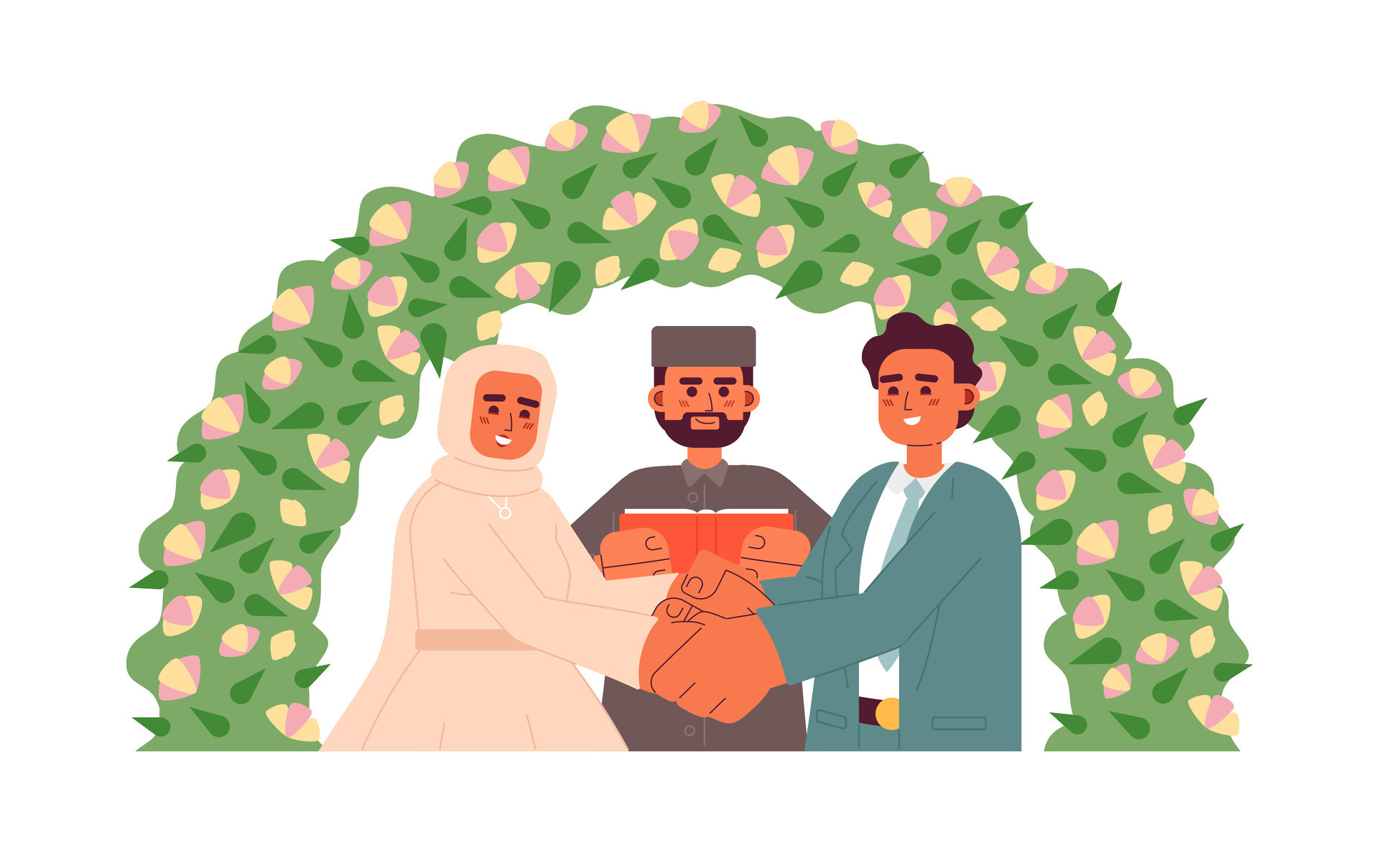 Imam officiating muslim bride groom wedding semi flat colorful vector characters. Nikah ceremony ...