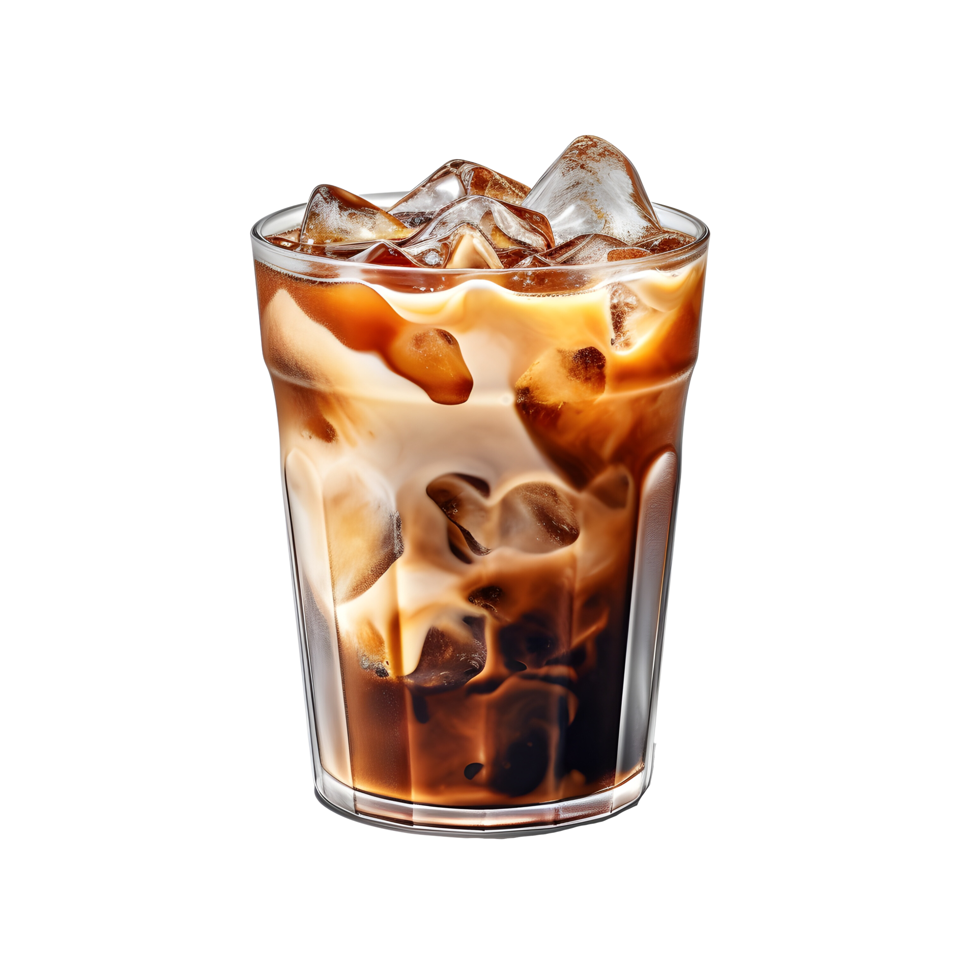 Ice Coffee In A Glass With Cream Poured Over And Coffee Beans Cold