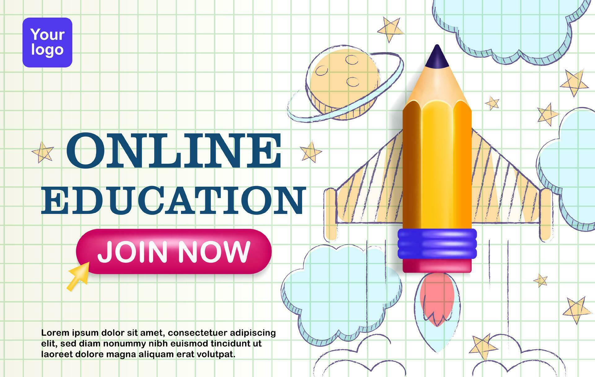 Online Education banner and poster. 3d vector yellow pencil with flying ...