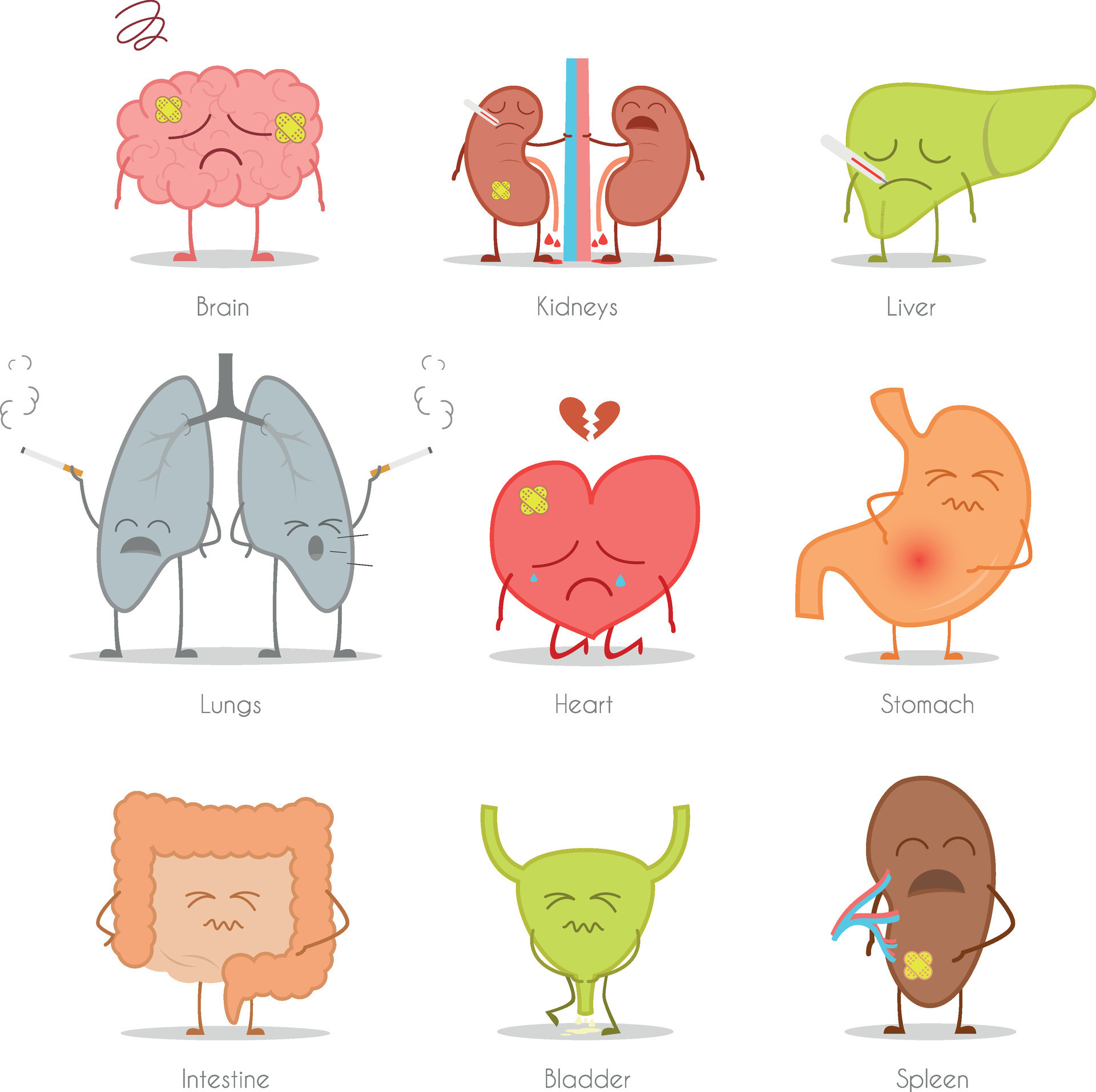 Conjunto De 9 9 Enfermo Humano órganos En Dibujos Animados Estilo