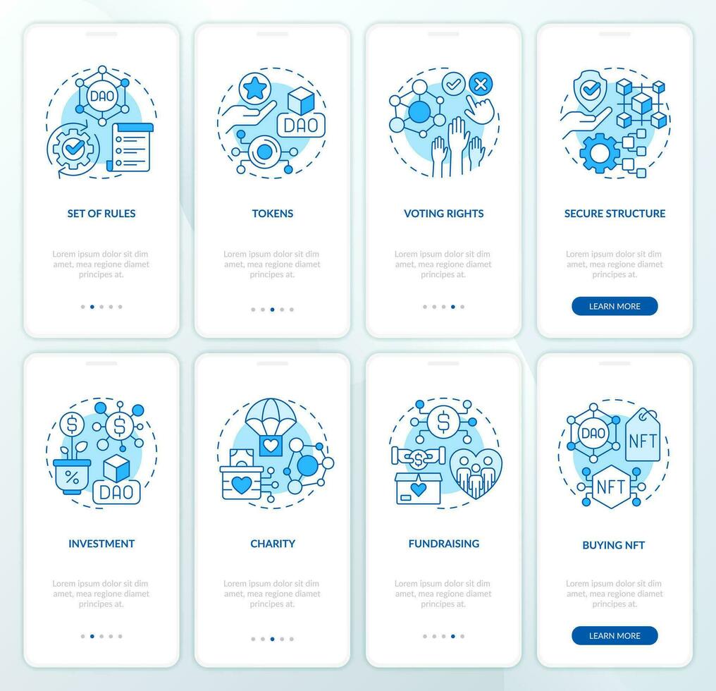Dao Elements And Usage Purpose Blue Onboarding Mobile App Screens Set