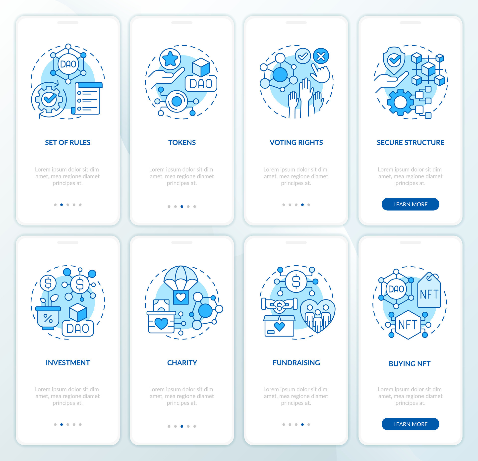 Dao Elements And Usage Purpose Blue Onboarding Mobile App Screens Set Walkthrough 4 Steps