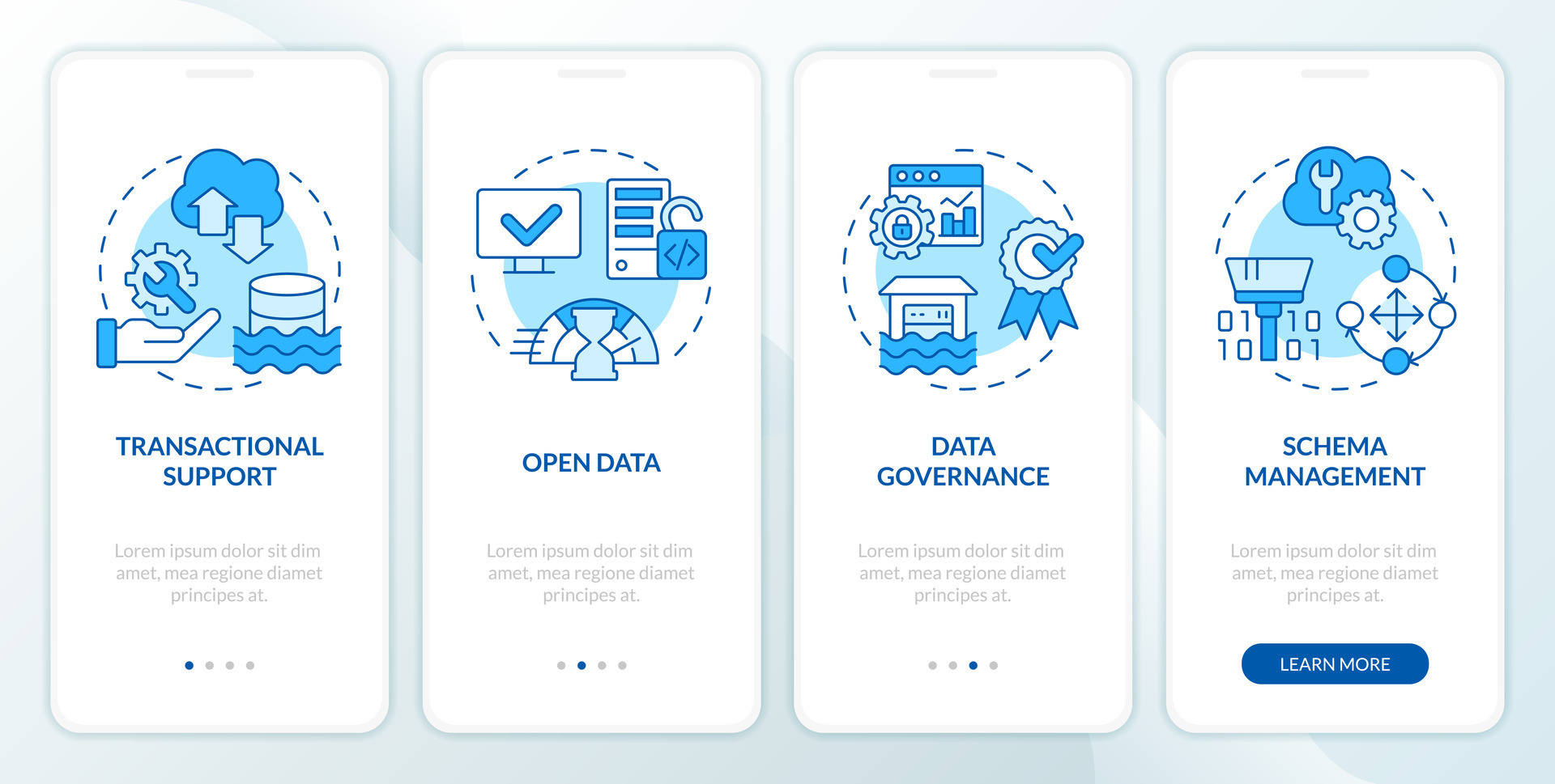 Data Lakehouse Blue Onboarding Mobile App Screen Architecture Walkthrough 4 Steps Editable