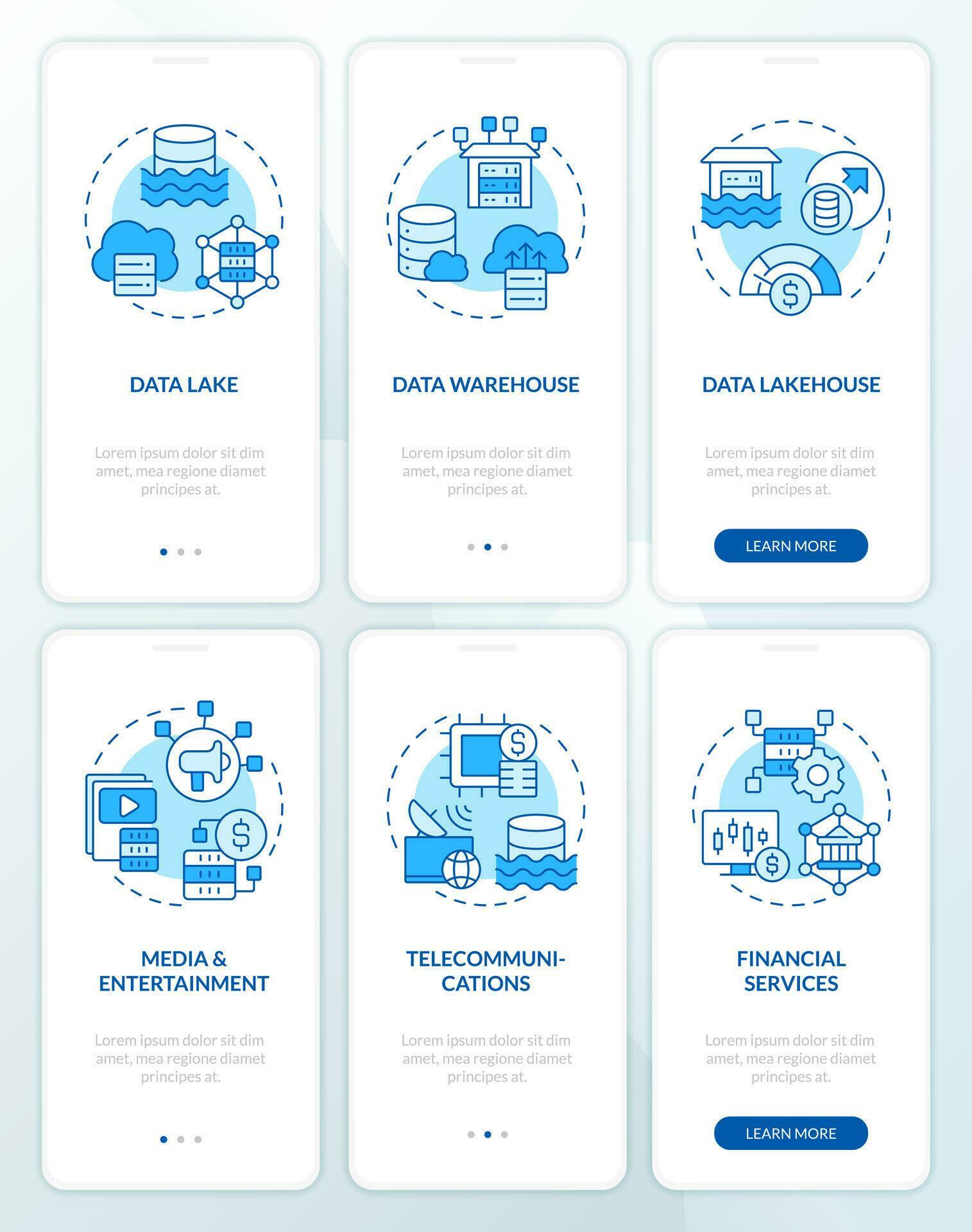 Data Lake Blue Onboarding Mobile App Screens Storage Usage Walkthrough 3 Steps Editable Graphic