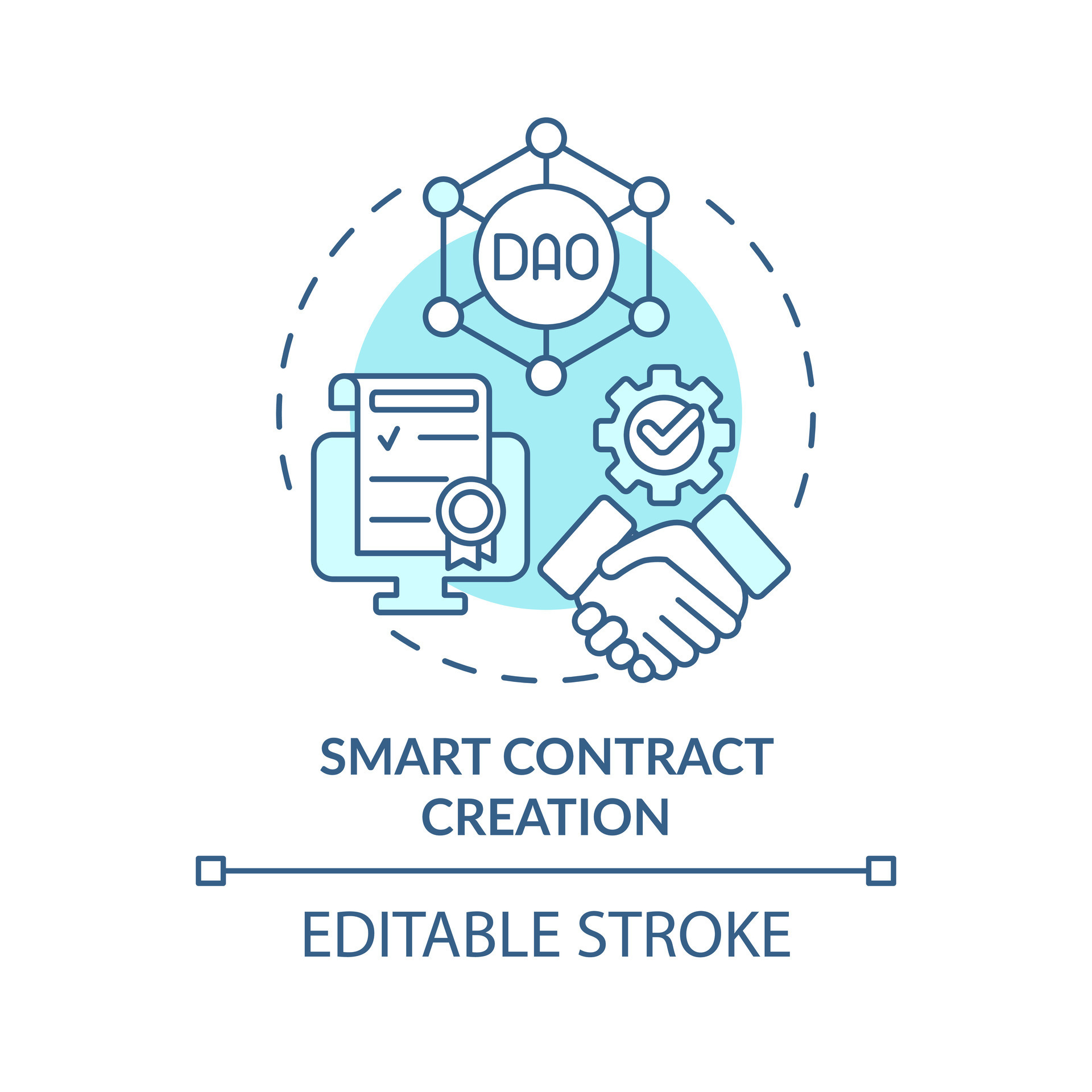 Smart contract creation turquoise concept icon. Blockchain network. DAO ...