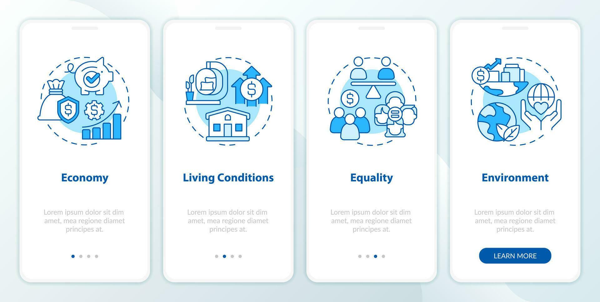 Inclusive Development Index Blue Onboarding Mobile App Screen Walkthrough 4 Steps Editable
