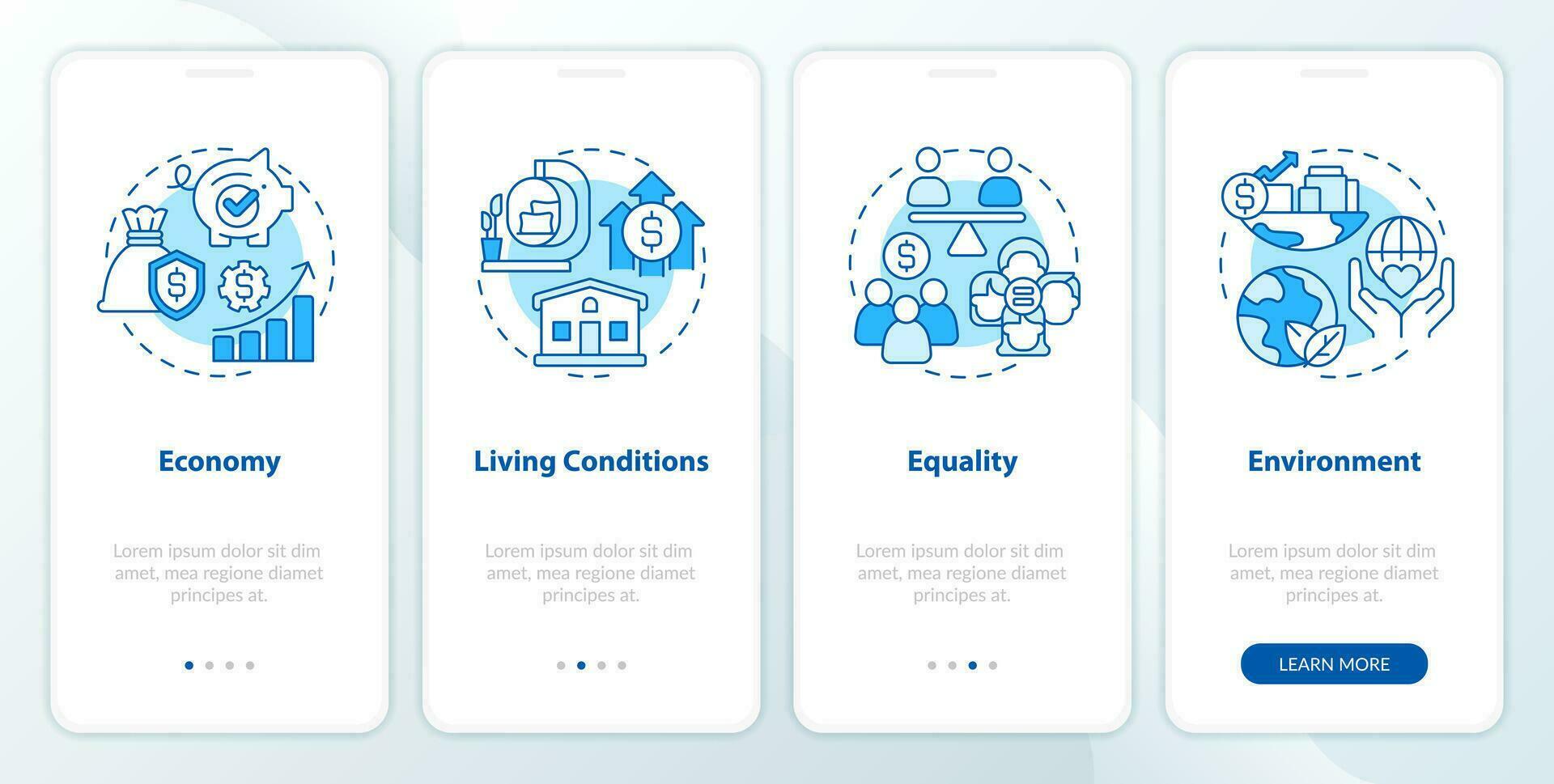 Inclusive Development Index Blue Onboarding Mobile App Screen Walkthrough 4 Steps Editable