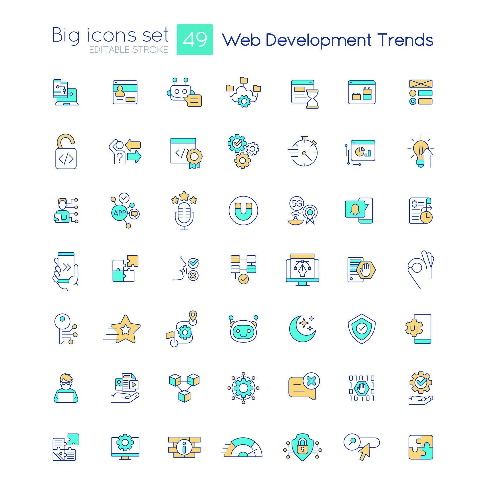 Web development trends RGB color big icons set. Website production ...