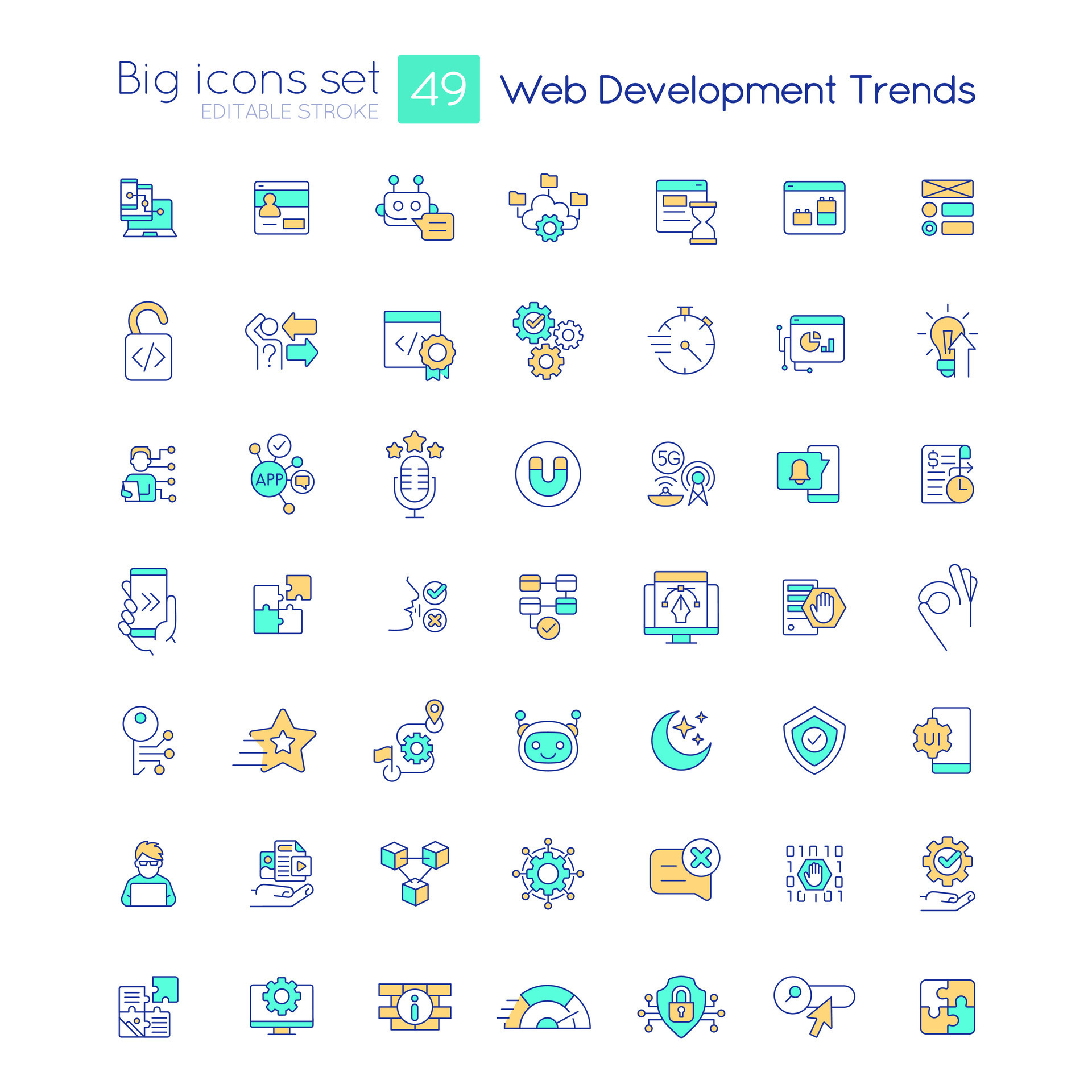 Web development trends RGB color big icons set. Website production ...