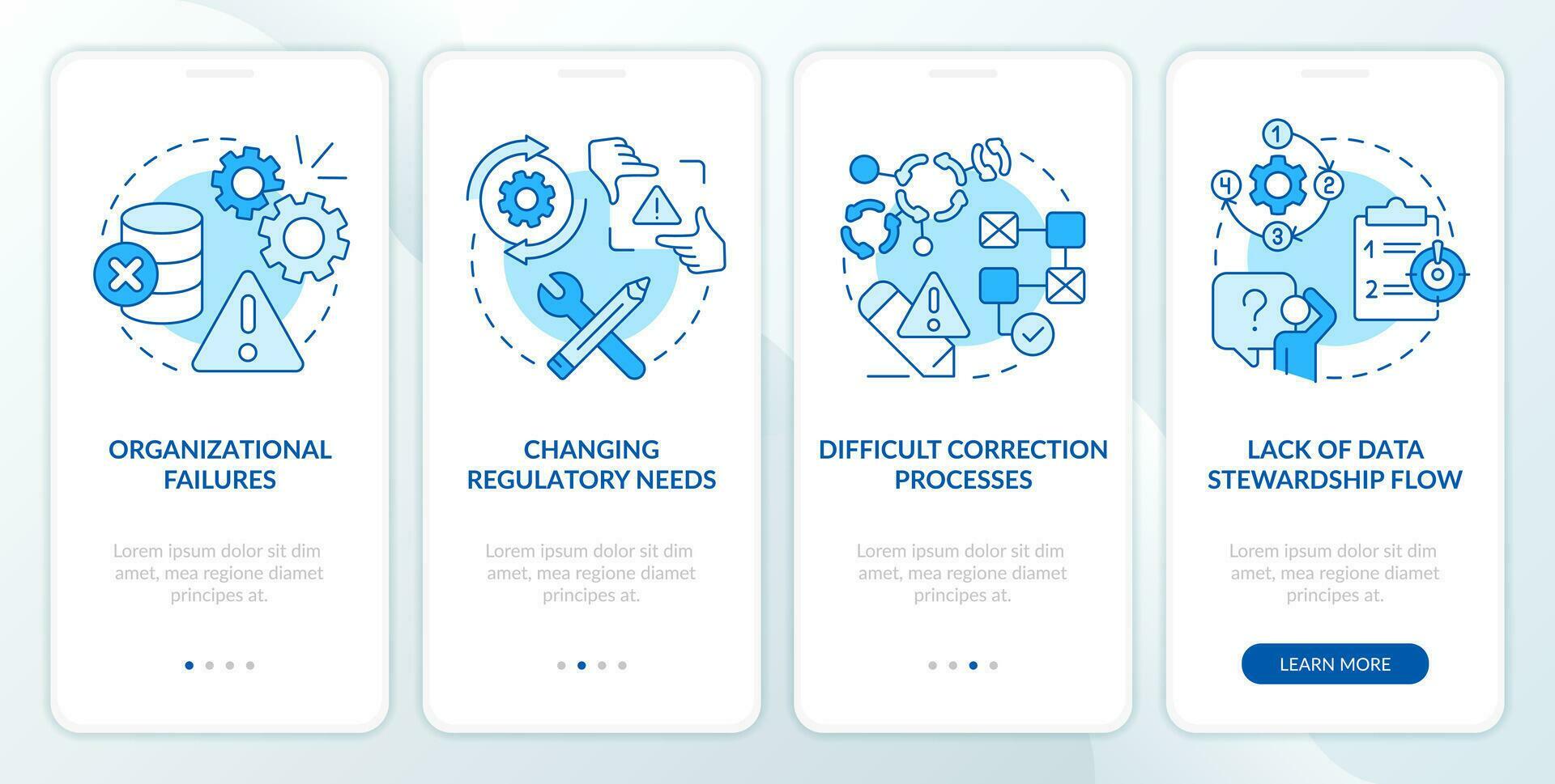 Database regulation issues blue onboarding mobile app screen. Walkthrough 4 steps editable ...