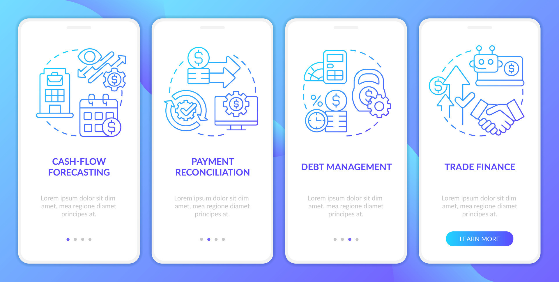 Treasury Management System Feature Blue Gradient Onboarding Mobile App