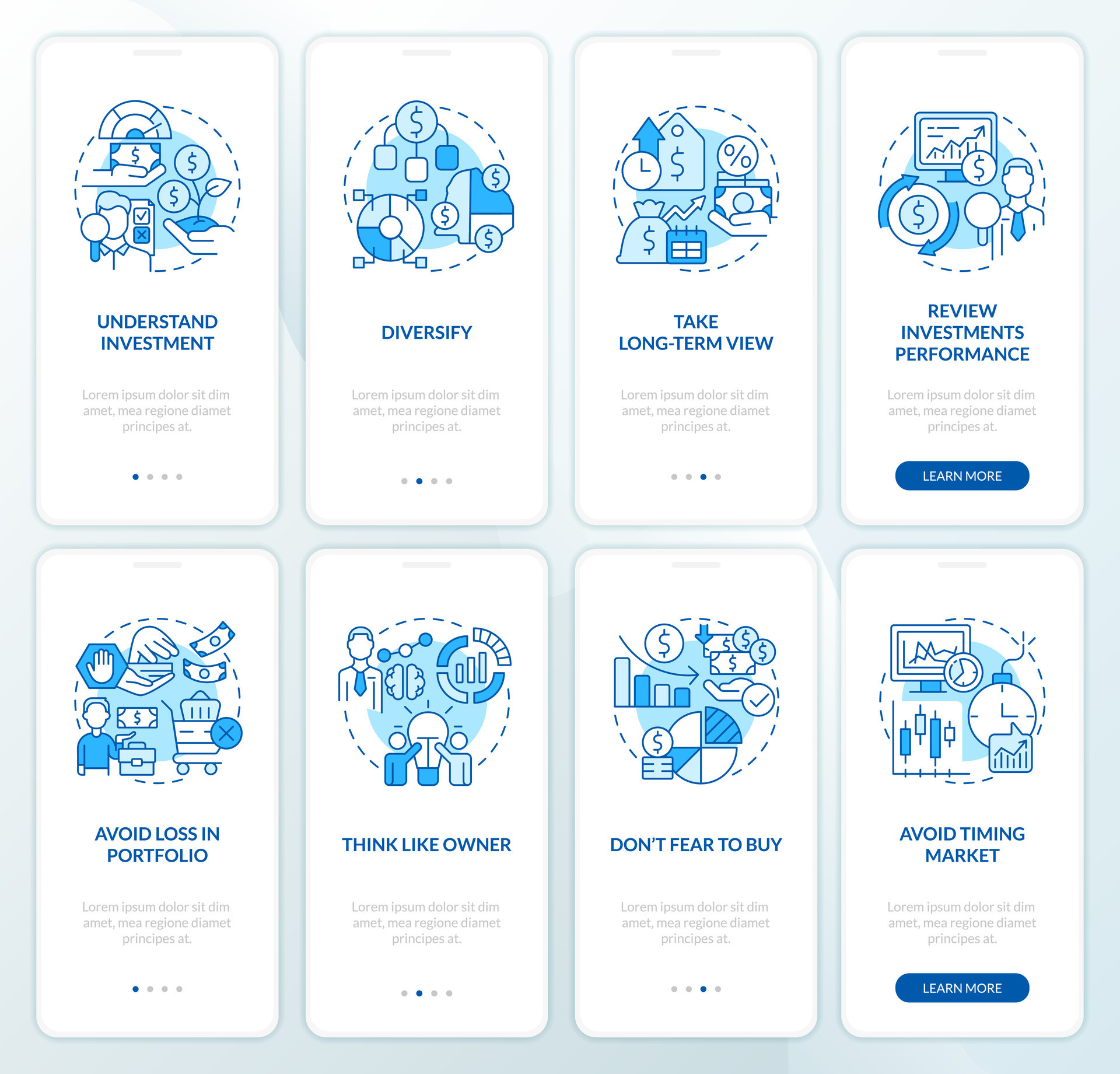 Rules Of Investing Blue Onboarding Mobile App Screens Set Finance Walkthrough 4 Steps Editable