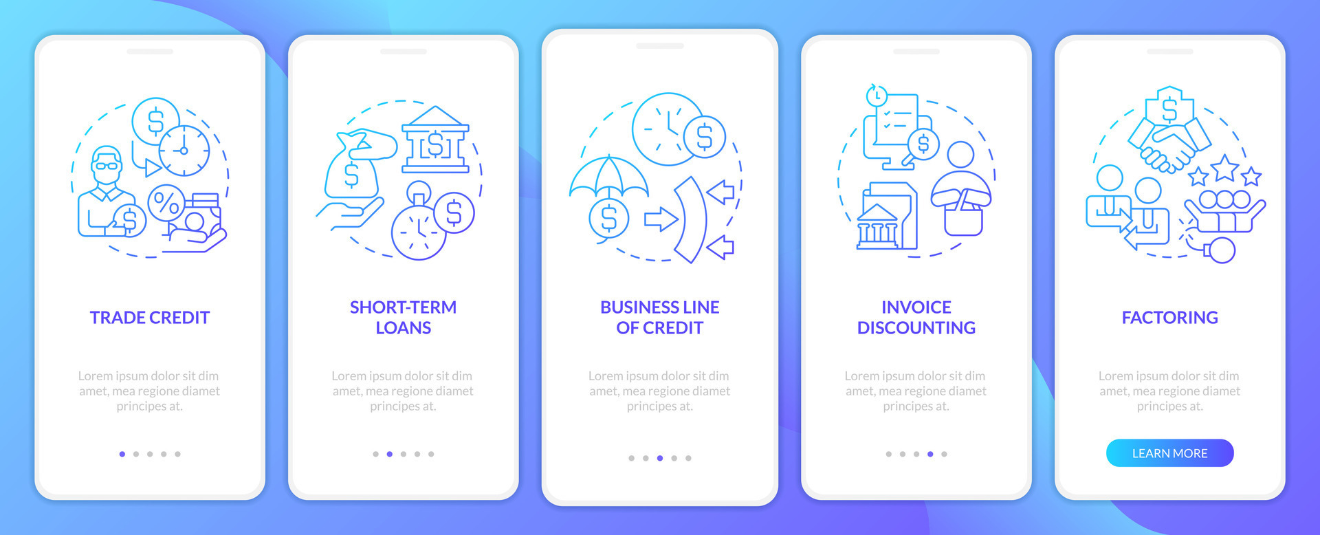 Sources Of Short Term Financing Blue Gradient Onboarding Mobile App Screen Walkthrough 5 Steps