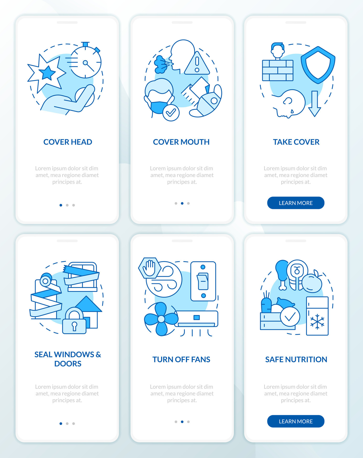 Actions Outside And At Home Blue Onboarding Mobile App Screen Set Walkthrough 3 Steps Editable