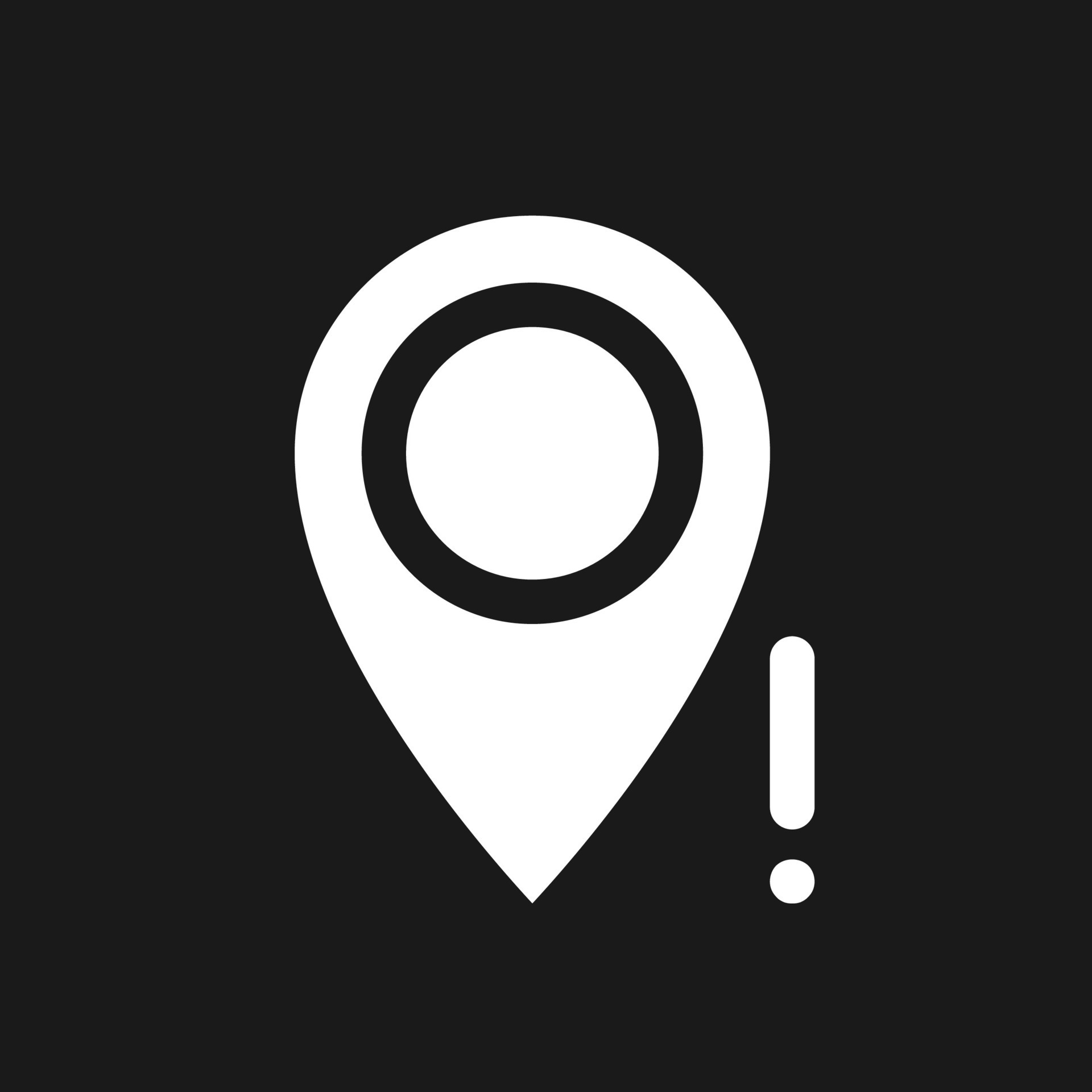 Wrong pin location dark mode glyph ui icon. Missing place on map. User interface design. White ...