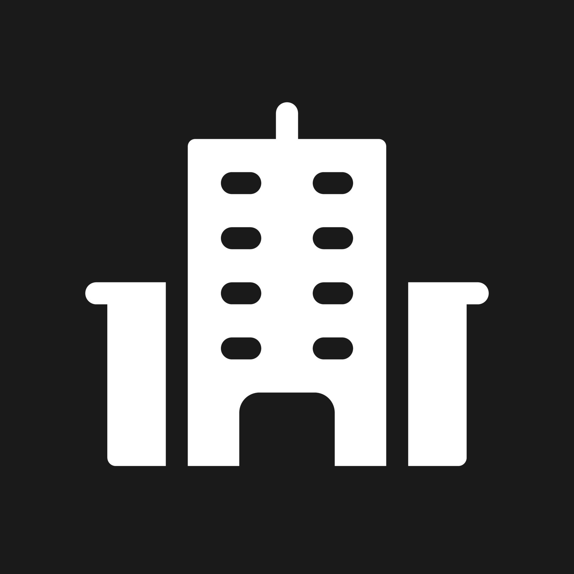 Office building location dark mode glyph ui icon. Workspace. User interface design. White ...