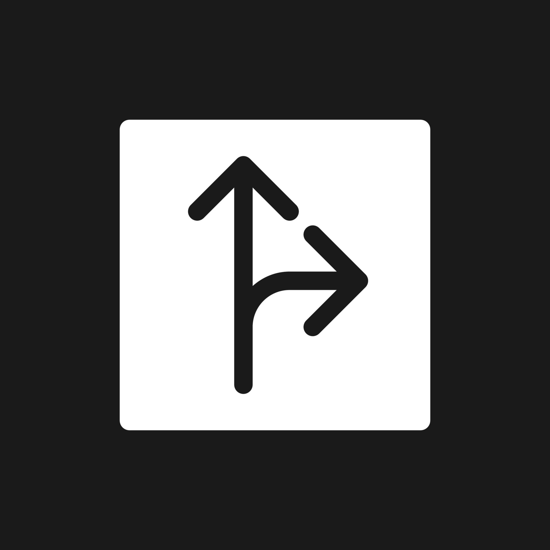 Straight and turn right traffic sign dark mode glyph ui icon. User interface design. White ...