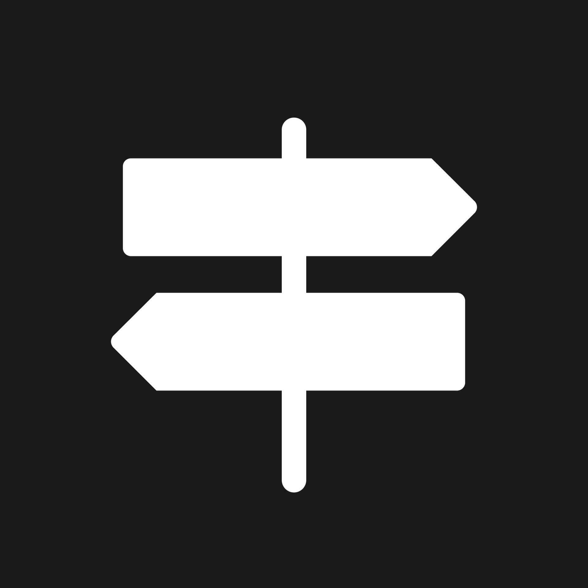 Signposts pointing in different directions dark mode glyph ui icon. User interface design. White ...