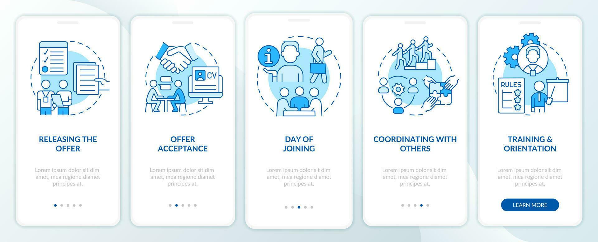 Team Joining Process Blue Onboarding Mobile App Screen Employment Walkthrough 5 Steps Editable