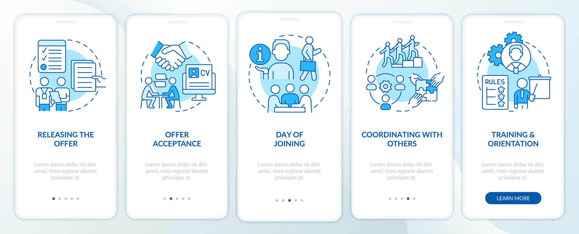 Team Joining Process Blue Onboarding Mobile App Screen Employment Walkthrough 5 Steps Editable