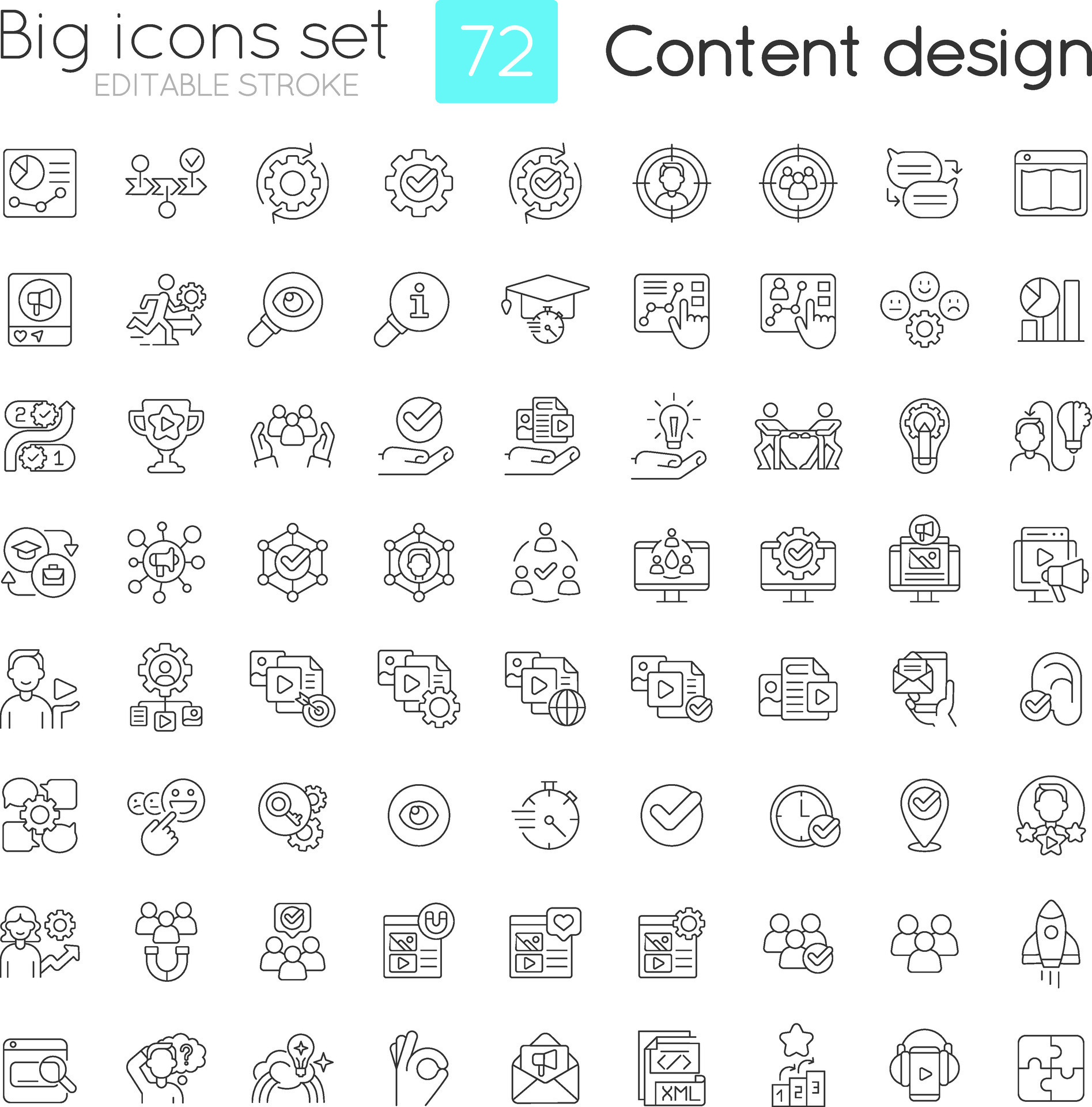Content Design Linear Icons Set Creating Materials For Business