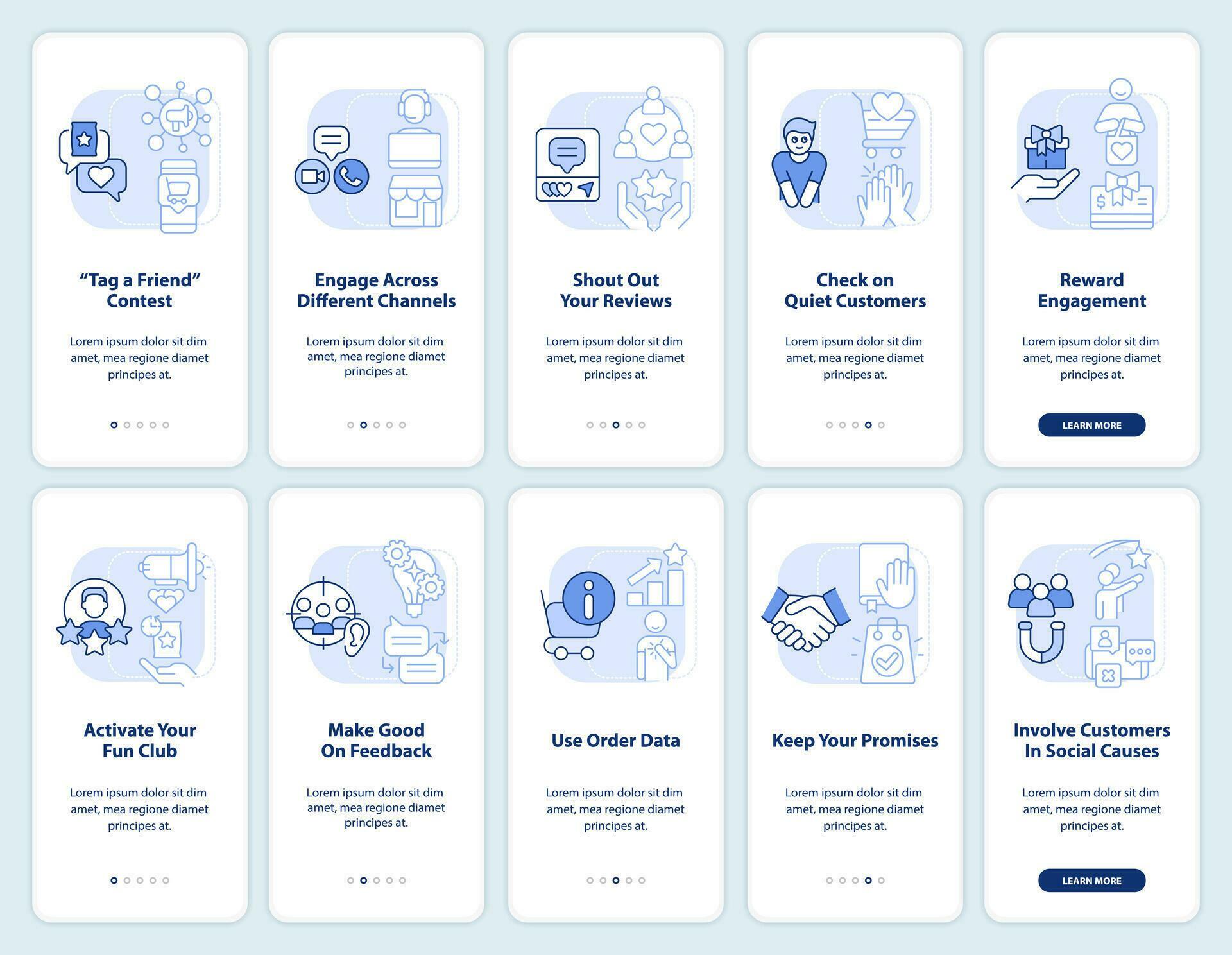 Digital Customer Engagement Light Blue Onboarding Mobile App Screen Set Walkthrough 5 Steps