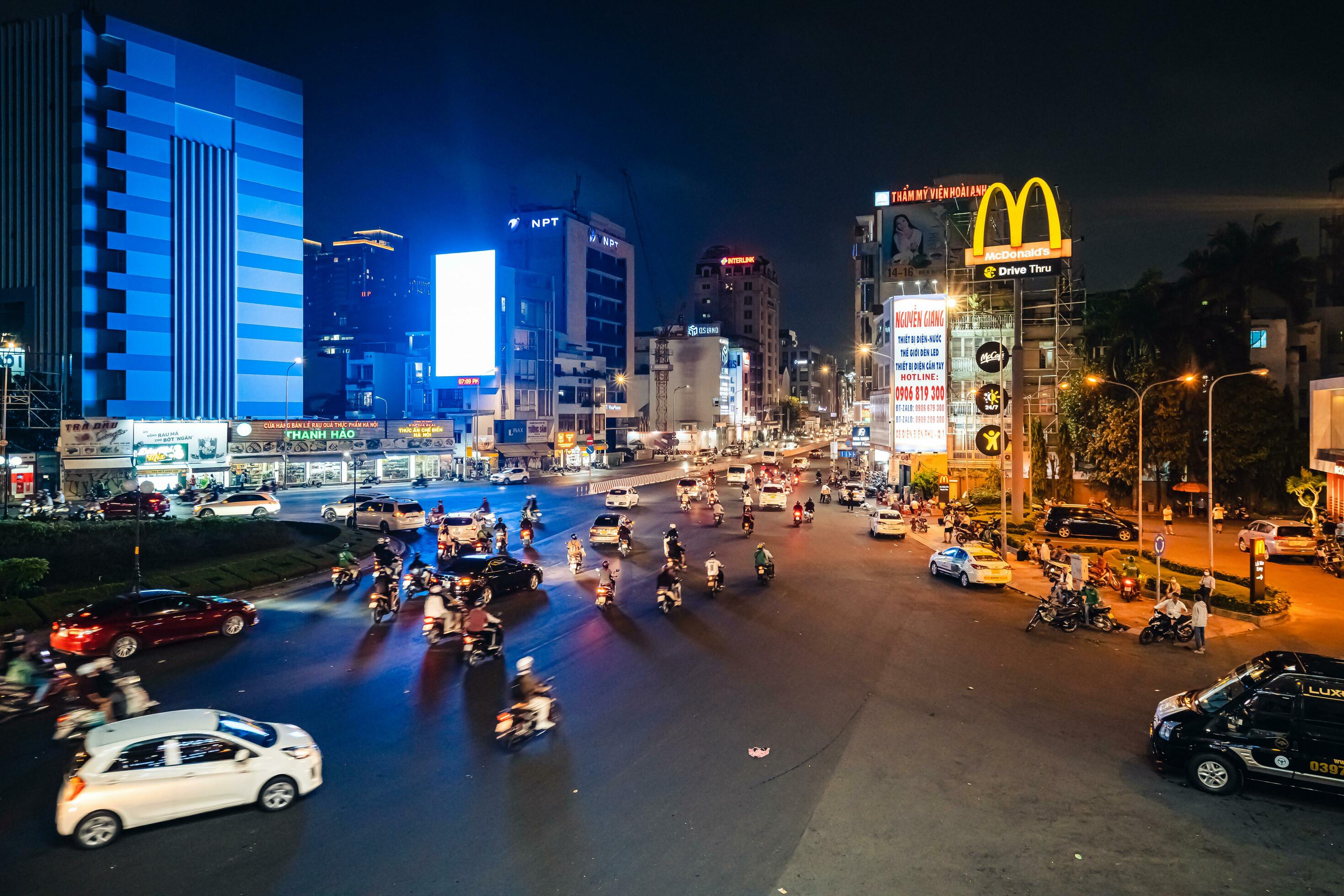Ho Chi Minh City, Vietnam - Apr 14, 2023 Traffic jam at Dien Bien Phu roundabout with its four ...