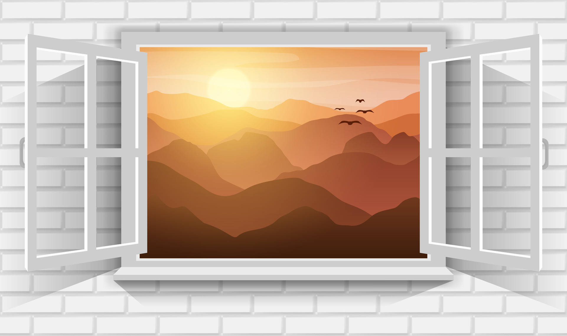 Vector illustration of mountain landscape with sunrise in morning through view of open window ...