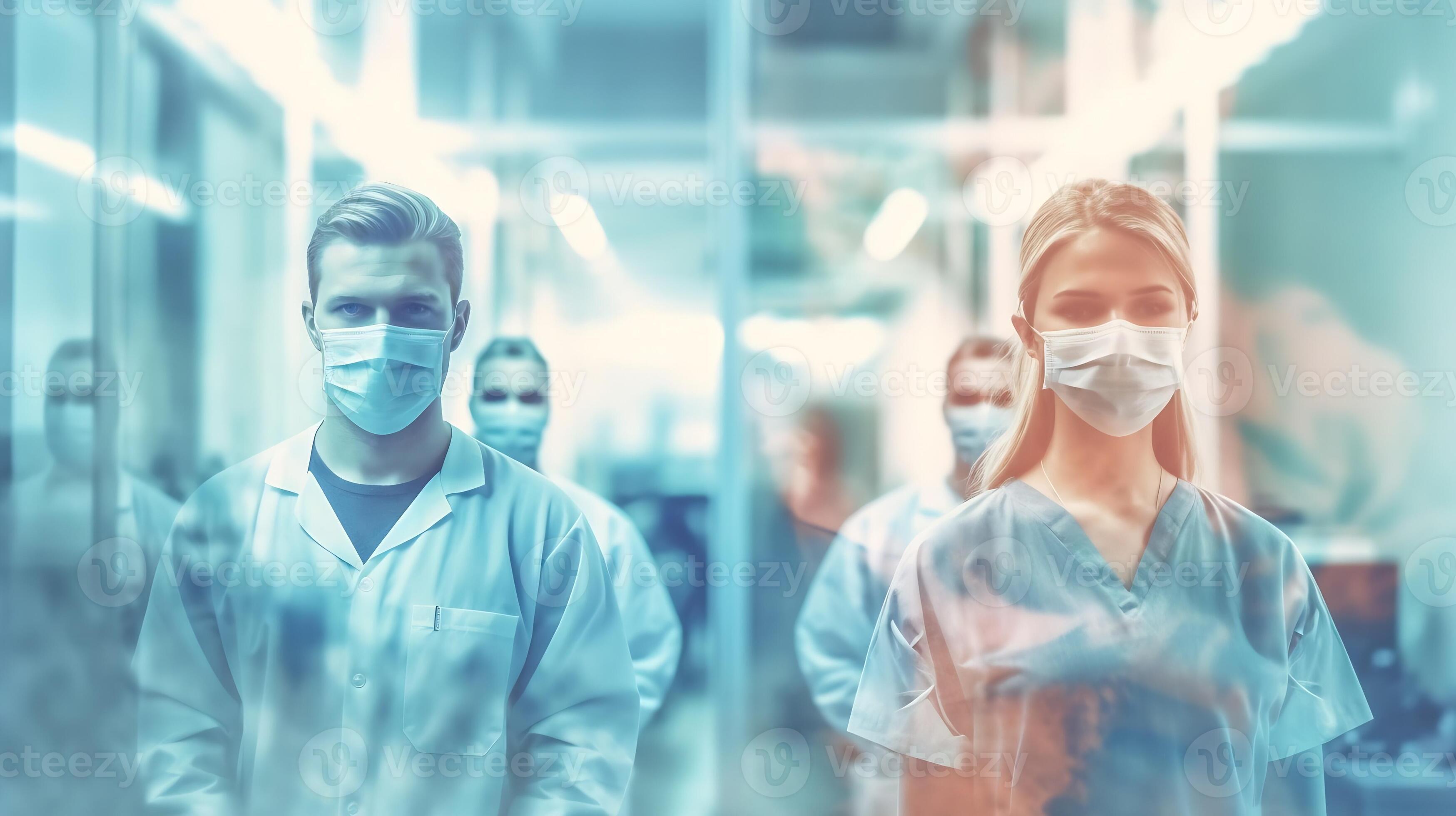 AI Generated. Team of Doctors and Nurses in Hospital Background. Double Exposure of Healthcare ...