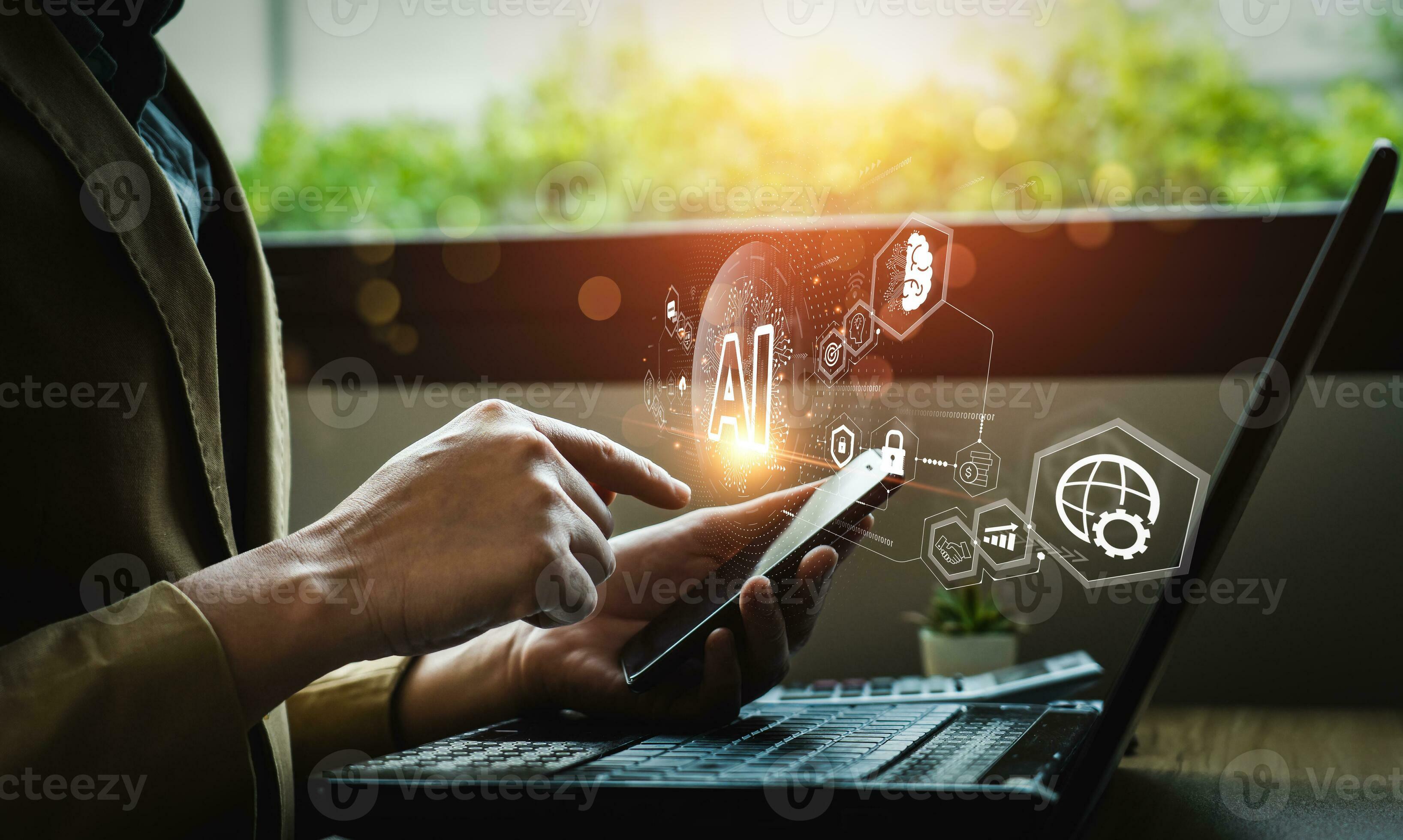 Businessman touching the brain working of Artificial Intelligence Automation, Predictive ...