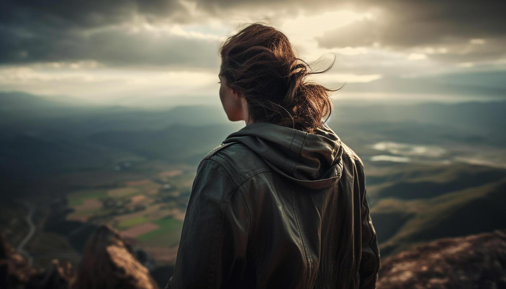 One young woman standing on mountain peak, looking at view generated by ...